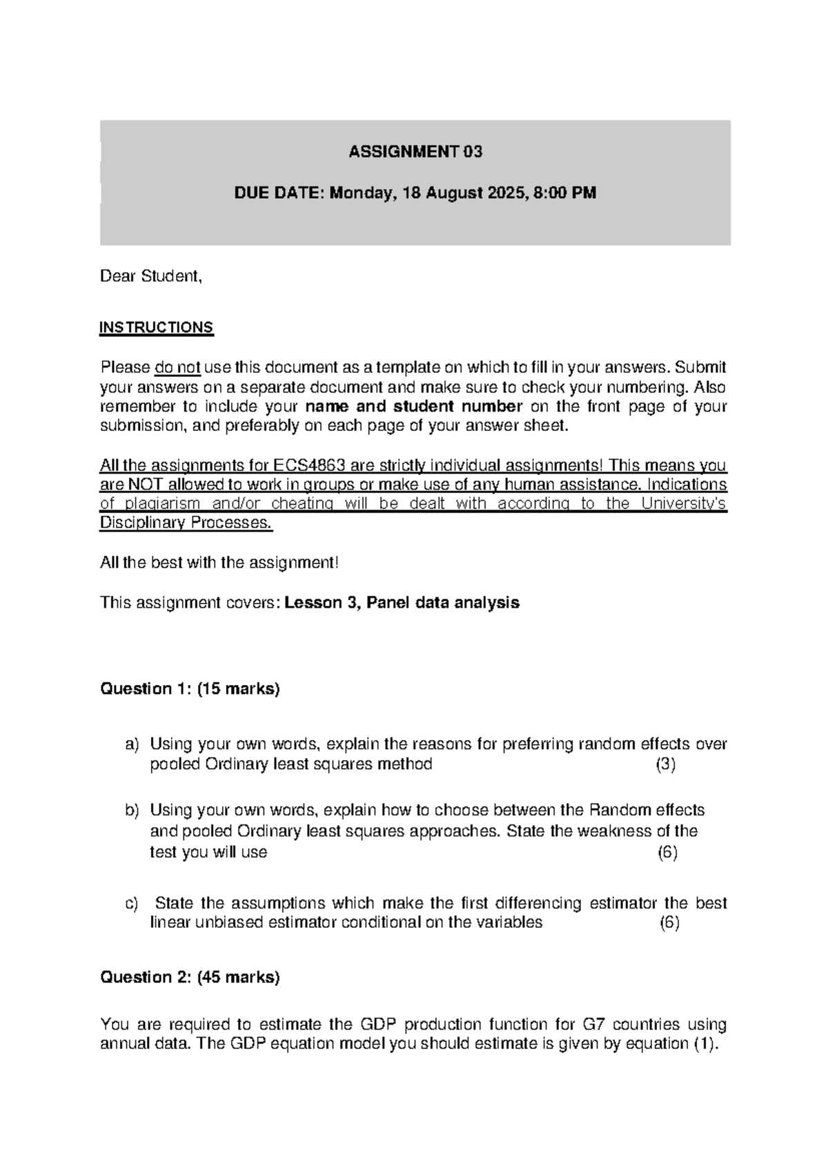 ECS4863 Assignment 3: Panel Data Analysis & GDP Estimation - Studocu