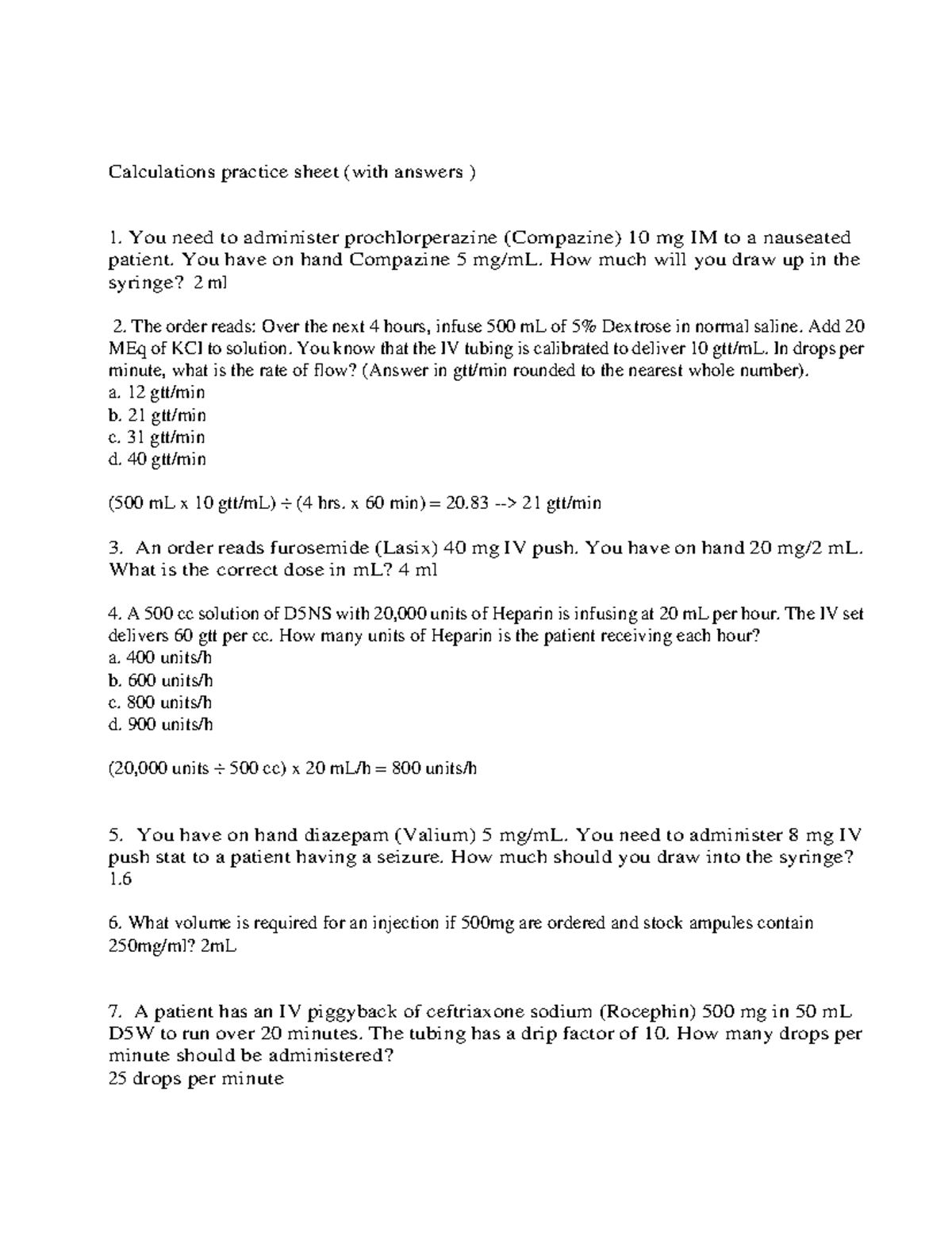 Math practice test with answers for health care - Calculations practice ...