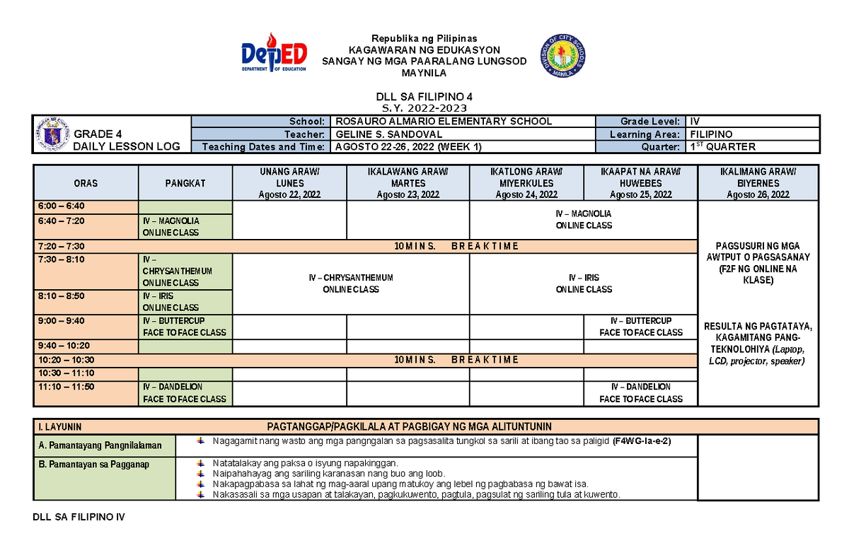 DLL sa Filipino IV: Daily Lesson Log for Grade 4 (Q1, Week 1) - Studocu