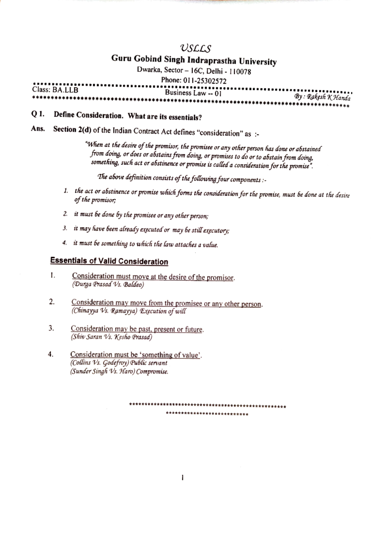 Consideration and its essentials - USLLS Guru Gobind Singh Indraprastha ...