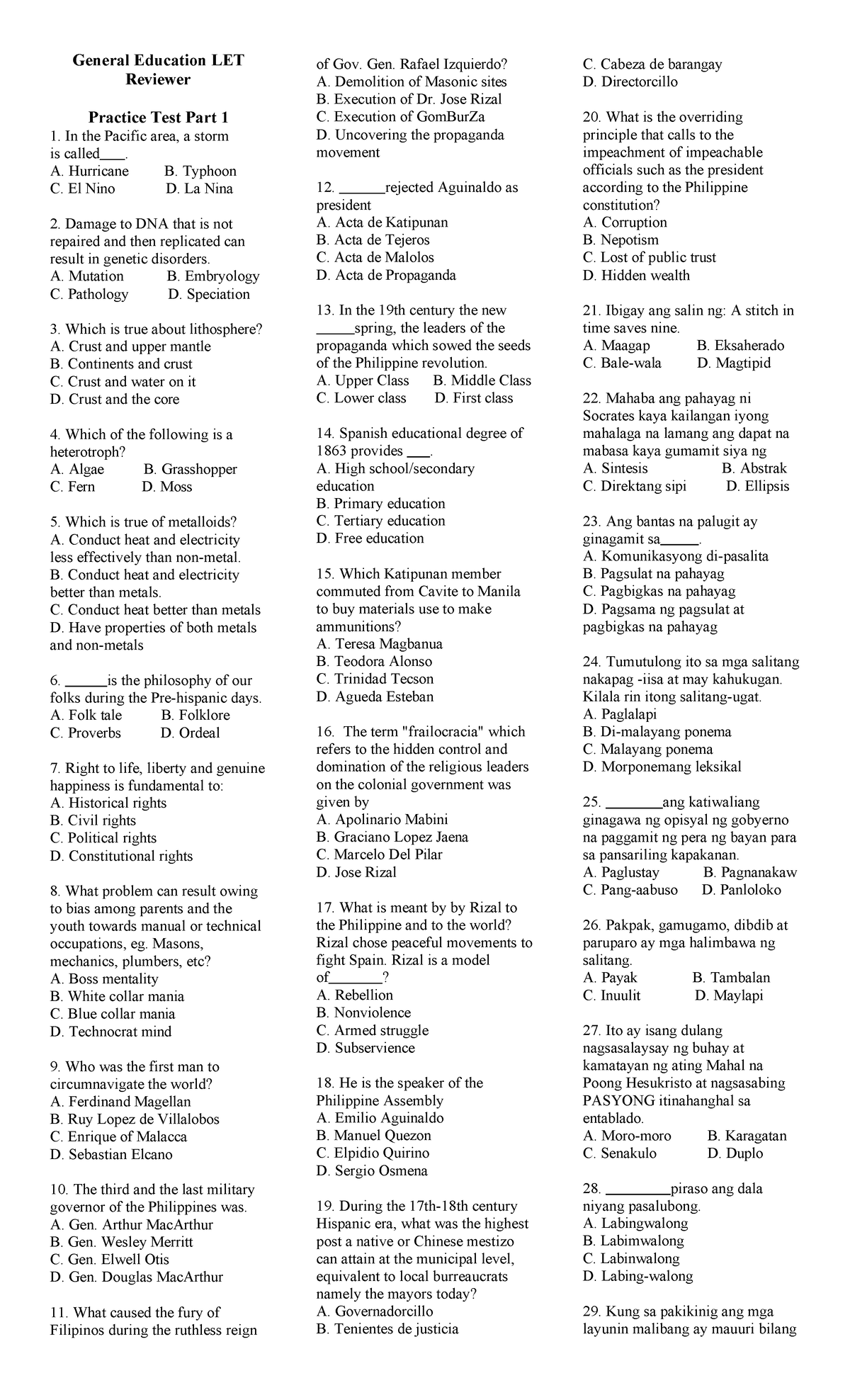 General Education LET Practice Test Part 1 - Reviewer - Studocu