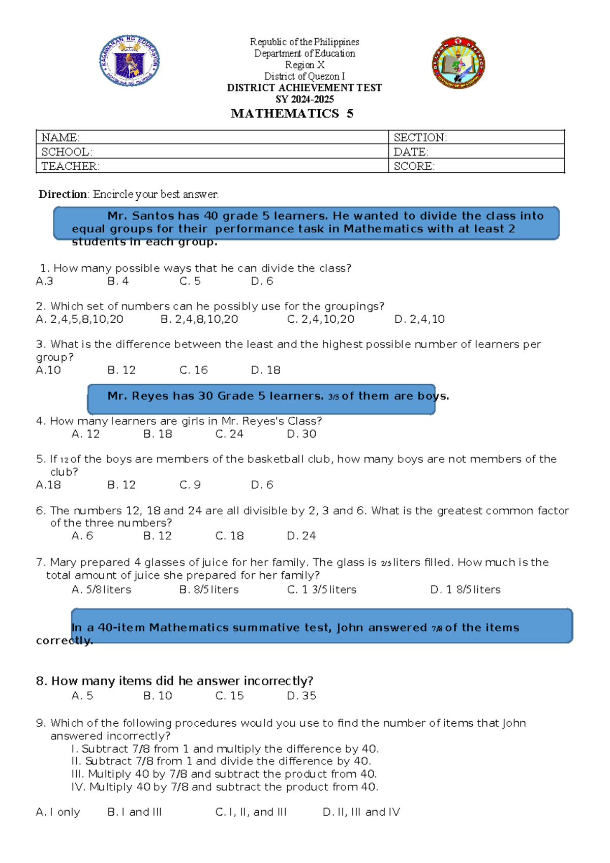 District Achievement Test MATH 5 - SY 2024 Performance Assessment - Studocu