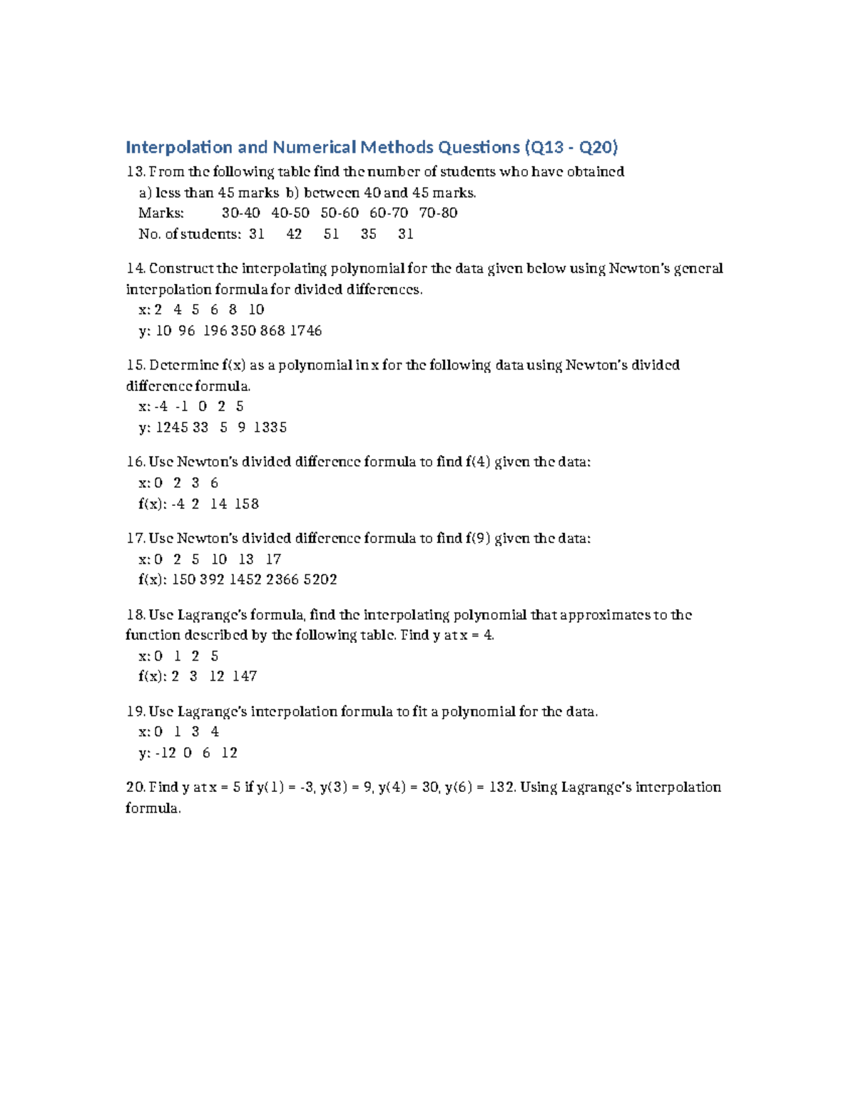 Interpolation Questions Q13-Q20: Numerical Methods Analysis - Studocu