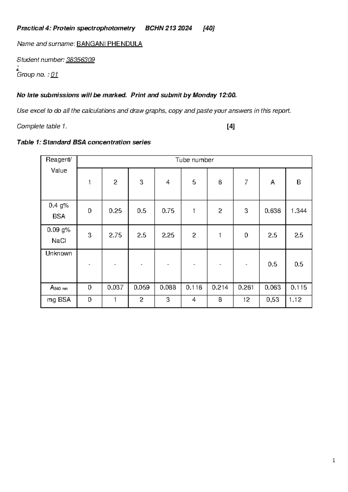 BCHN 213 Practical 4: Protein Spectrophotometry Report on BSA - Studocu