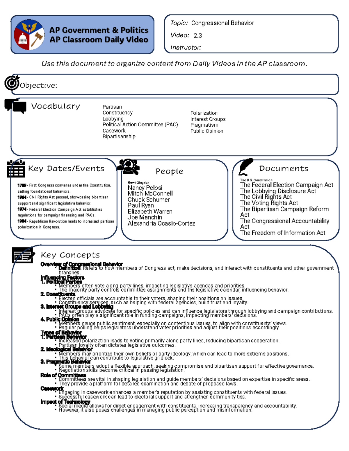 AMSCO Unit 2.3 Notes for AP Gov & Politics: Daily Video Organizer - Studocu