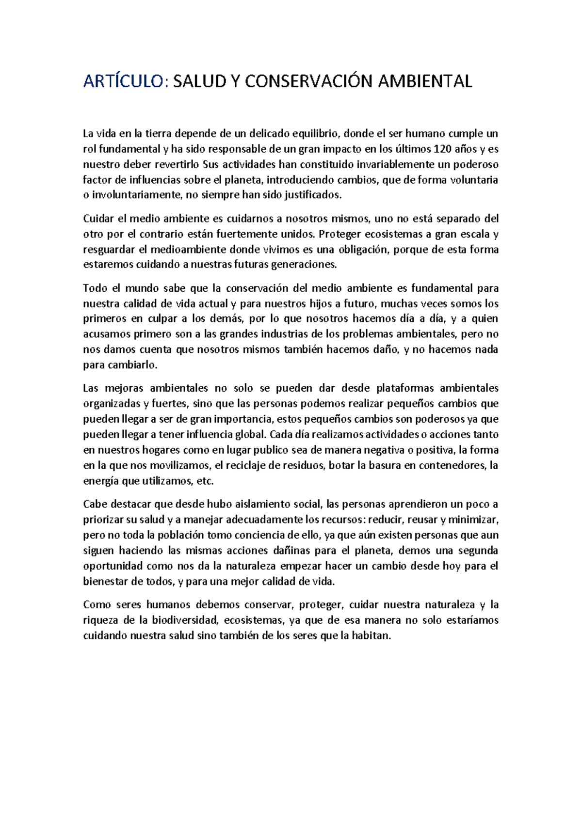 Artículo: Salud y Conservación Ambiental - Impacto Humano y Acción ...