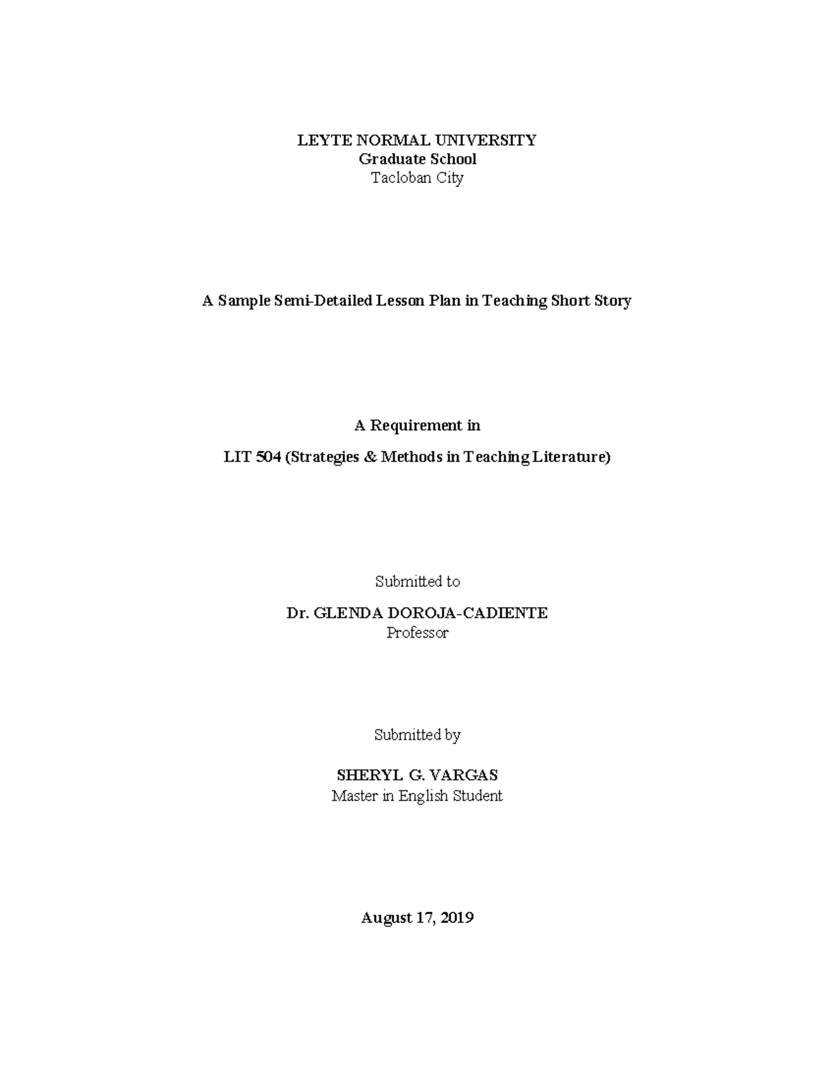 Sample Lesson Plan for Teaching "The Lottery" - LIT 504 - Studocu