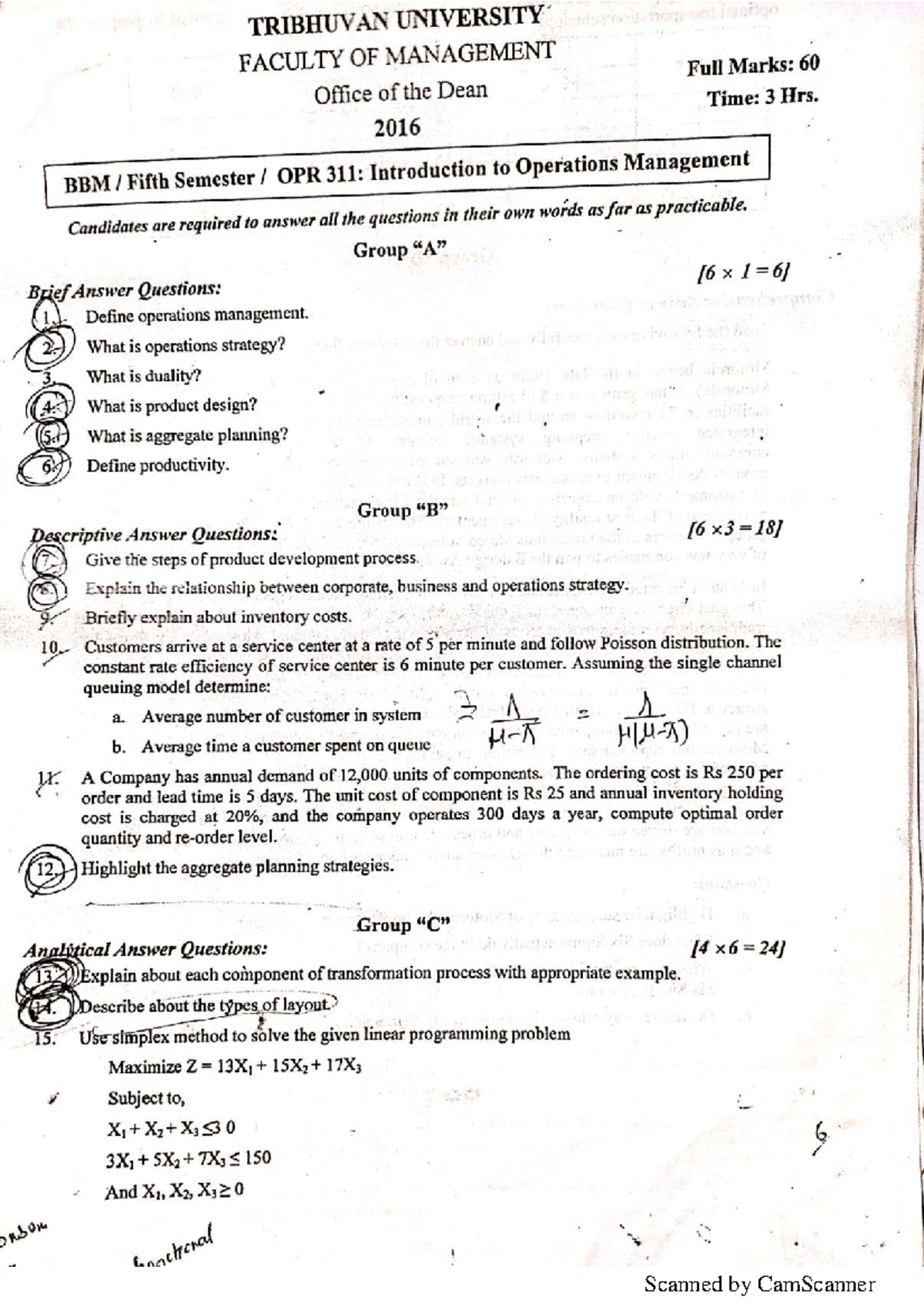 BBM 311: Comprehensive Questions for 5th Semester Operations Management ...