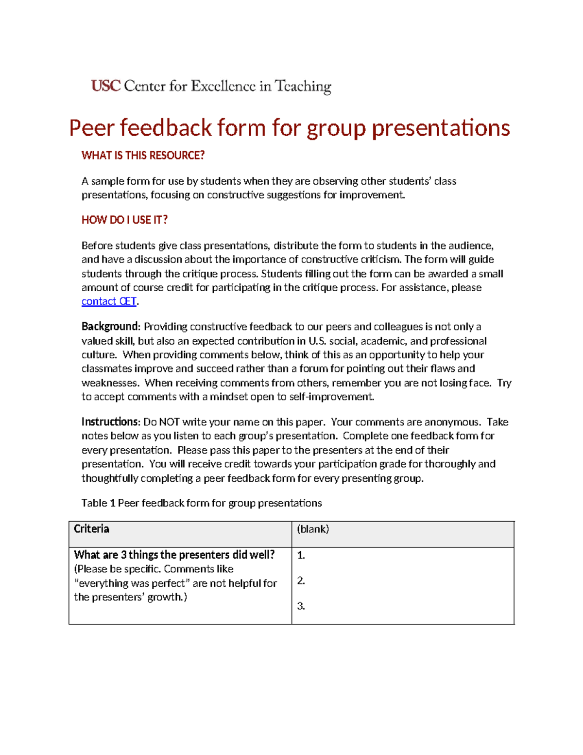 Peer feedback form for group presentations - HOW DO I USE IT? Before ...