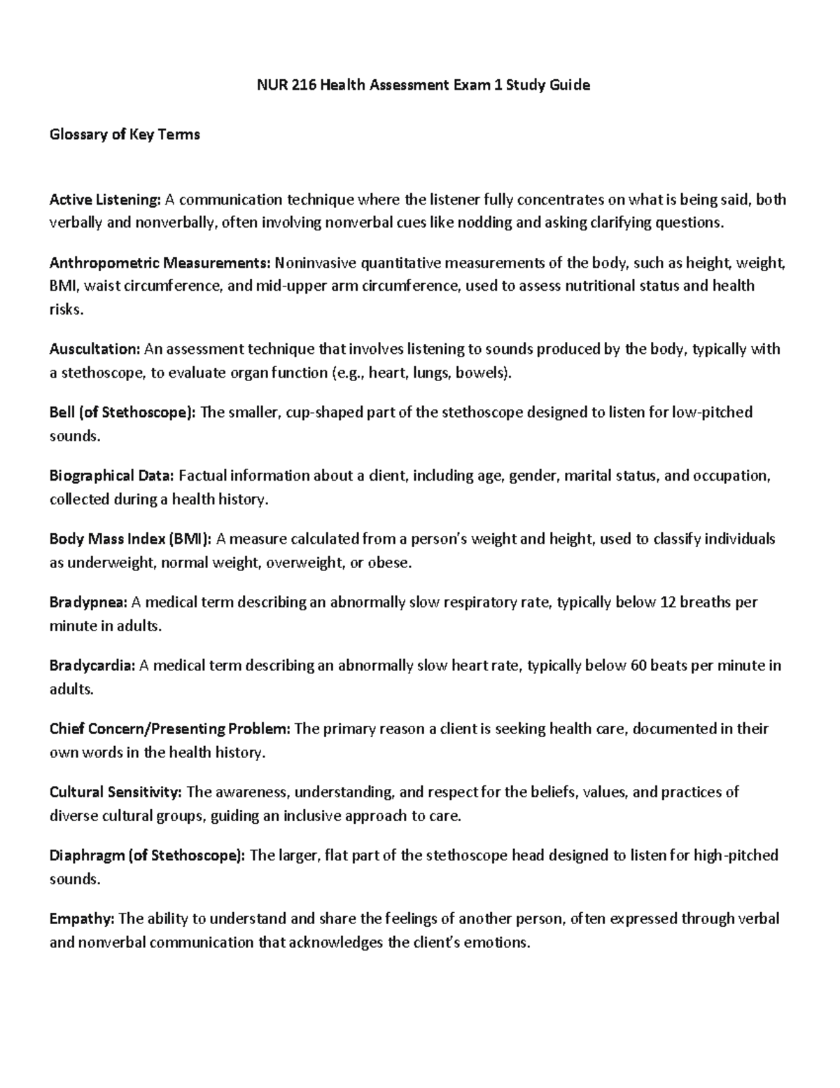 NUR 216 Health Assessment Exam 1 Study Guide & Quiz Answers - Studocu