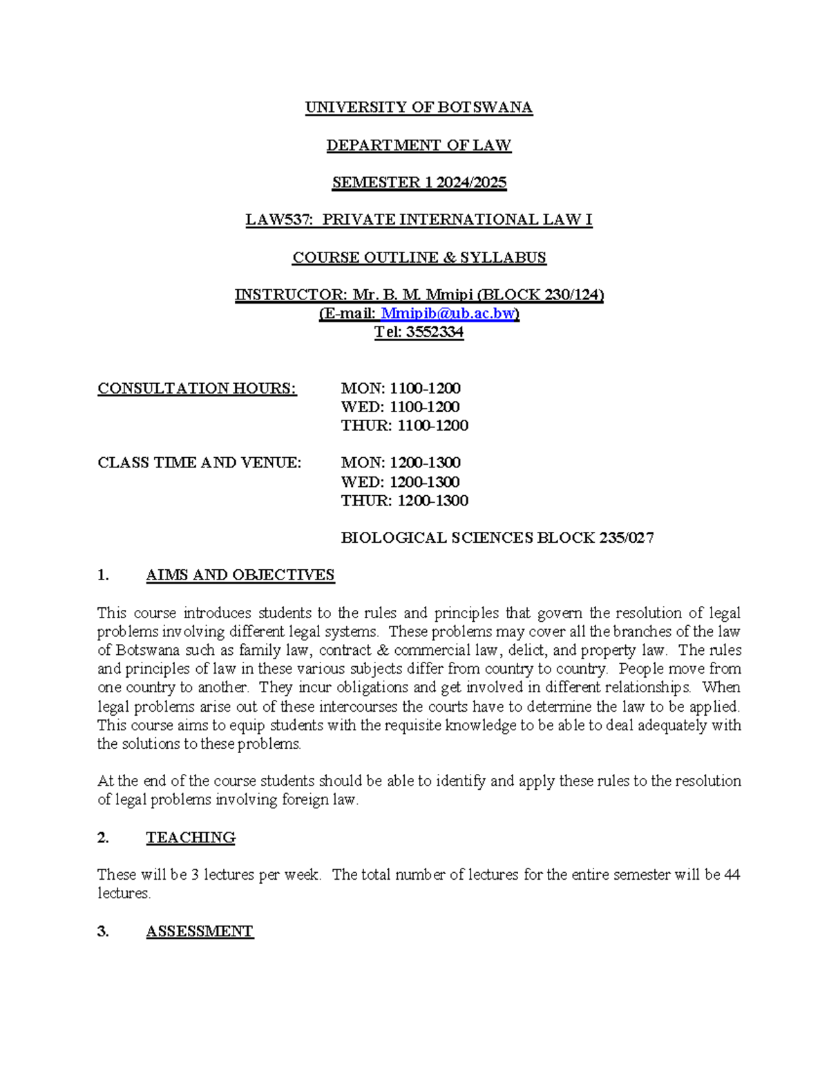 LAW537 Course Outline: Introduction to Private International Law I ...