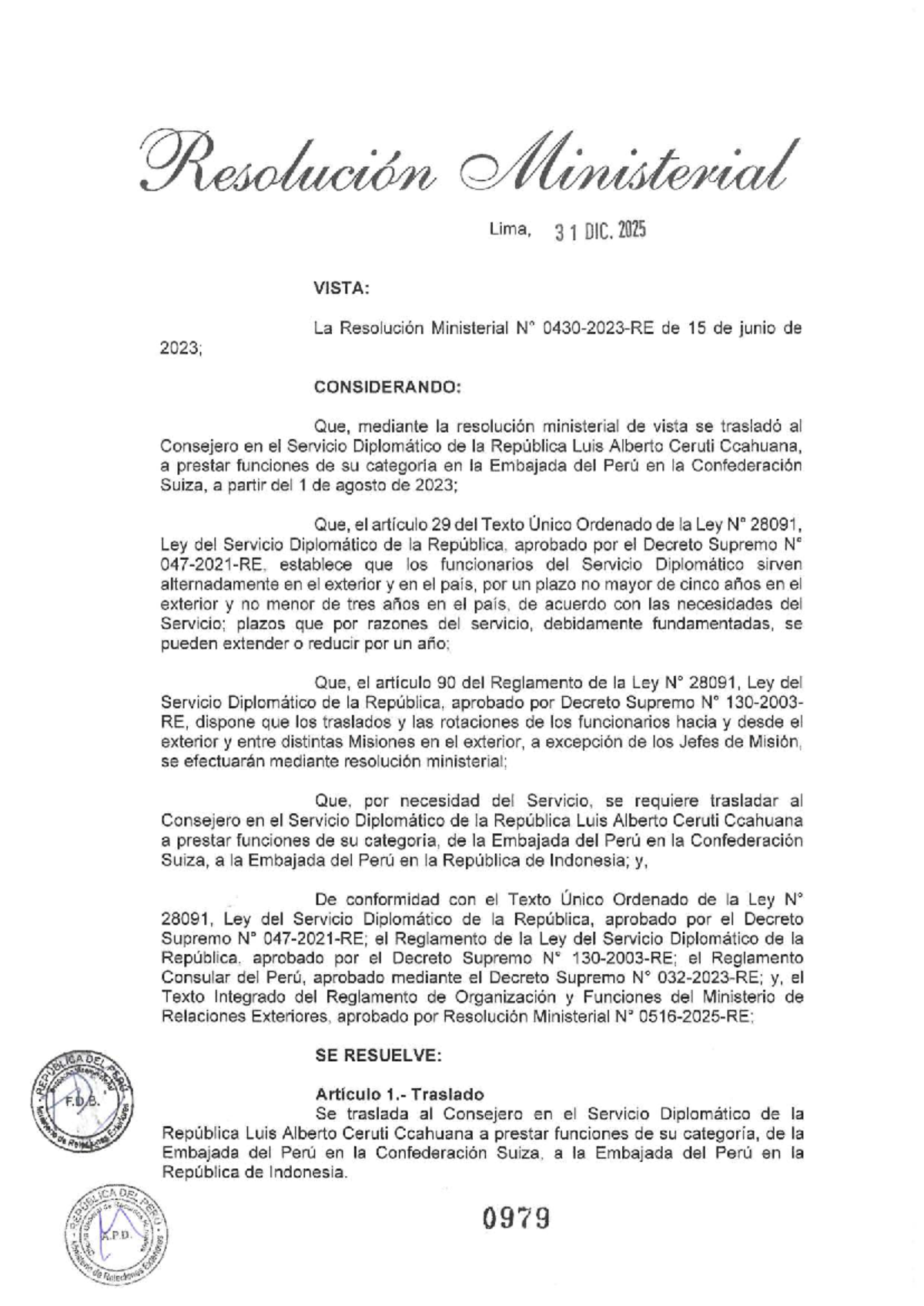Resolución Ministerial sobre Traslado Diplomático - 31 DIC 2025 - Studocu