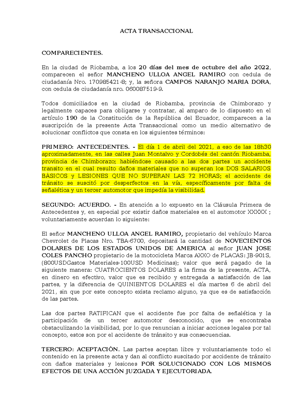 ACTA TRANSACCIONAL - ACCIDENTE DE TRÁNSITO EN RIOBAMBA - Studocu