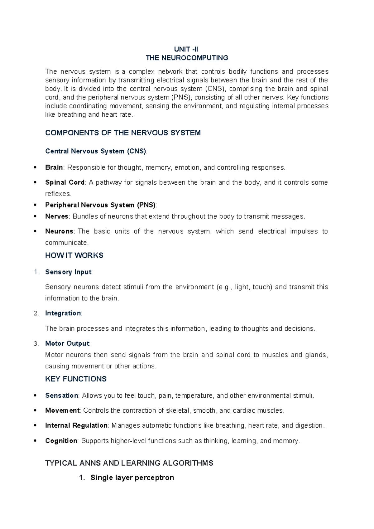 UNIT 2: Neurocomputing Overview and Key Concepts - Studocu