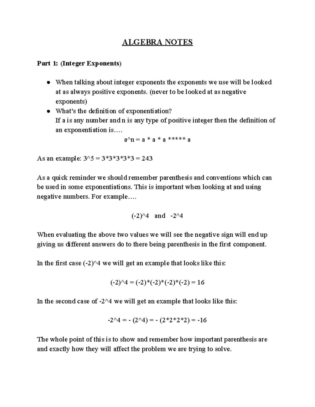 Algebra Notes on Exponents (Algebra 101) - Studocu