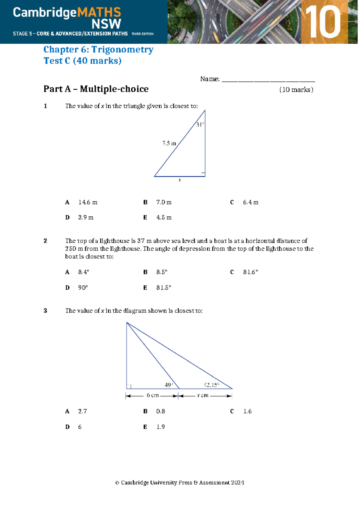 NSW Chapter Test 06C-1: Trigonometry Assessment (40 Marks) - Studocu