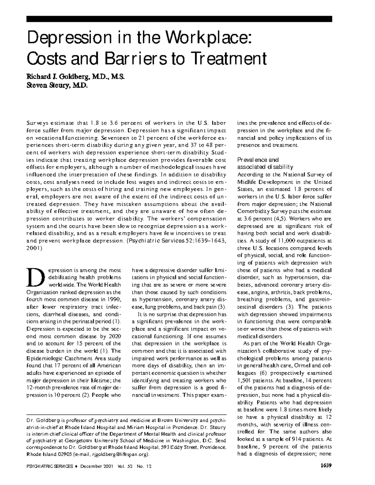 Workers' Compensation and Depression: Economic Impacts & Treatment ...