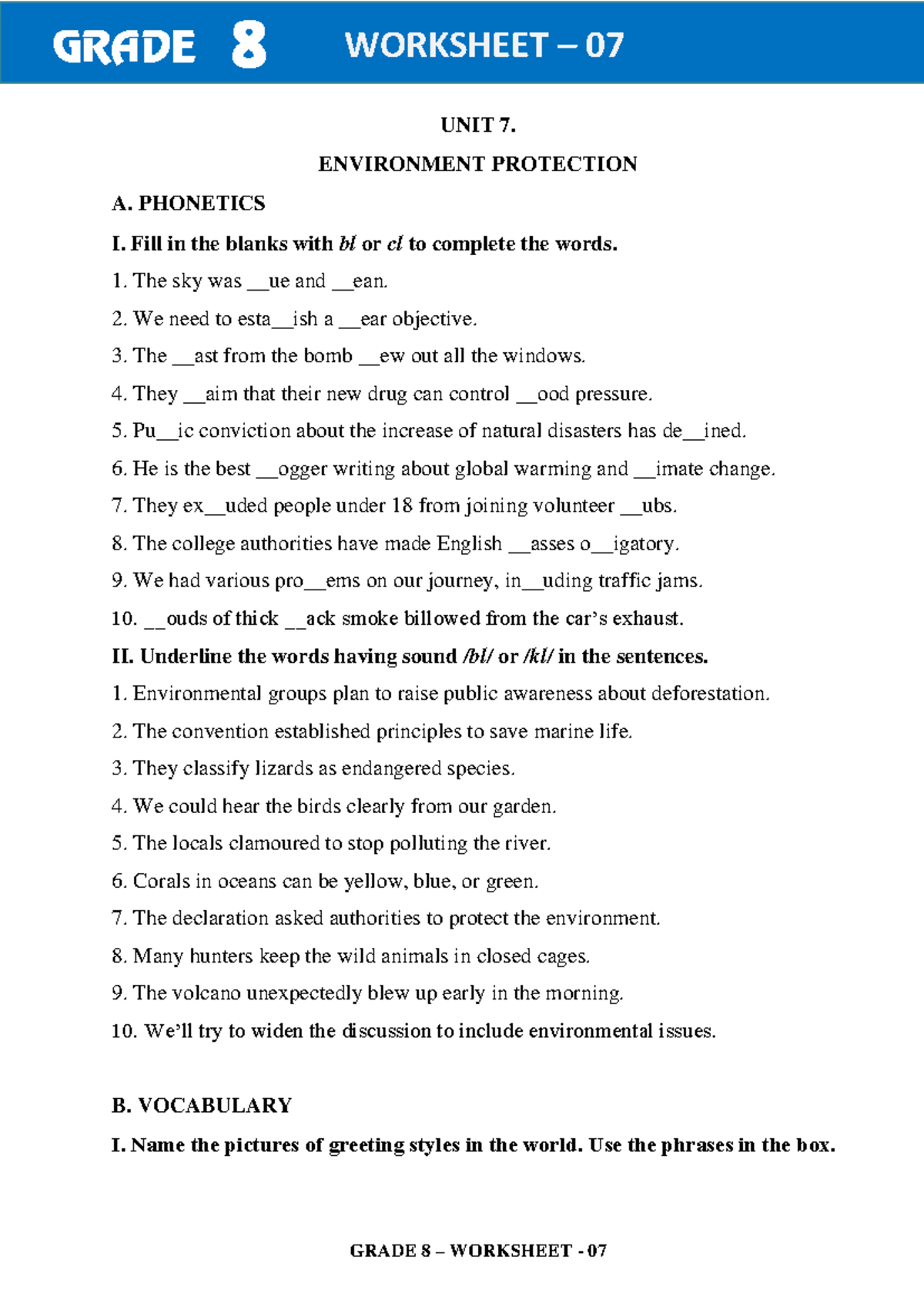 GRADE 8 WORKSHEET 07 - ENVIRONMENT PROTECTION ACTIVITIES - Studocu