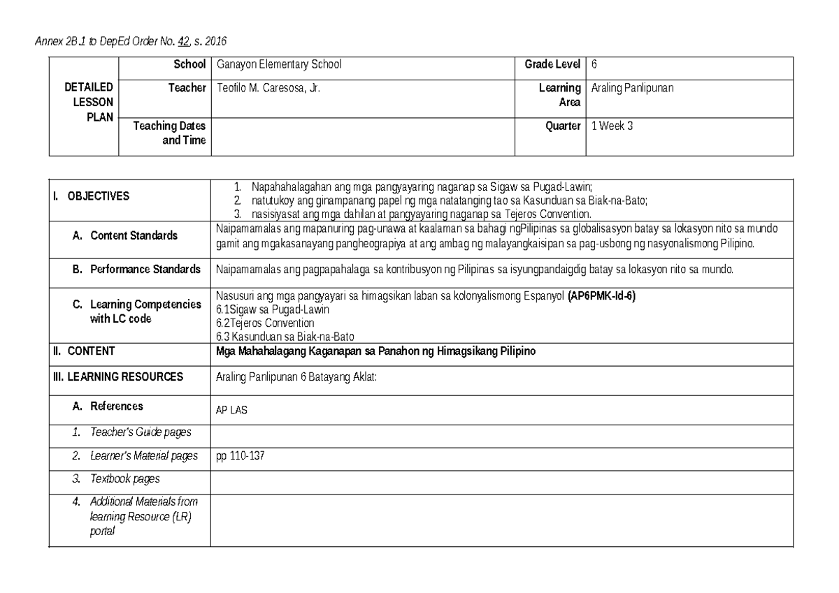 Detailed Lesson Plan for Grade 6 AP - Quarter 1 Week 3 - Studocu