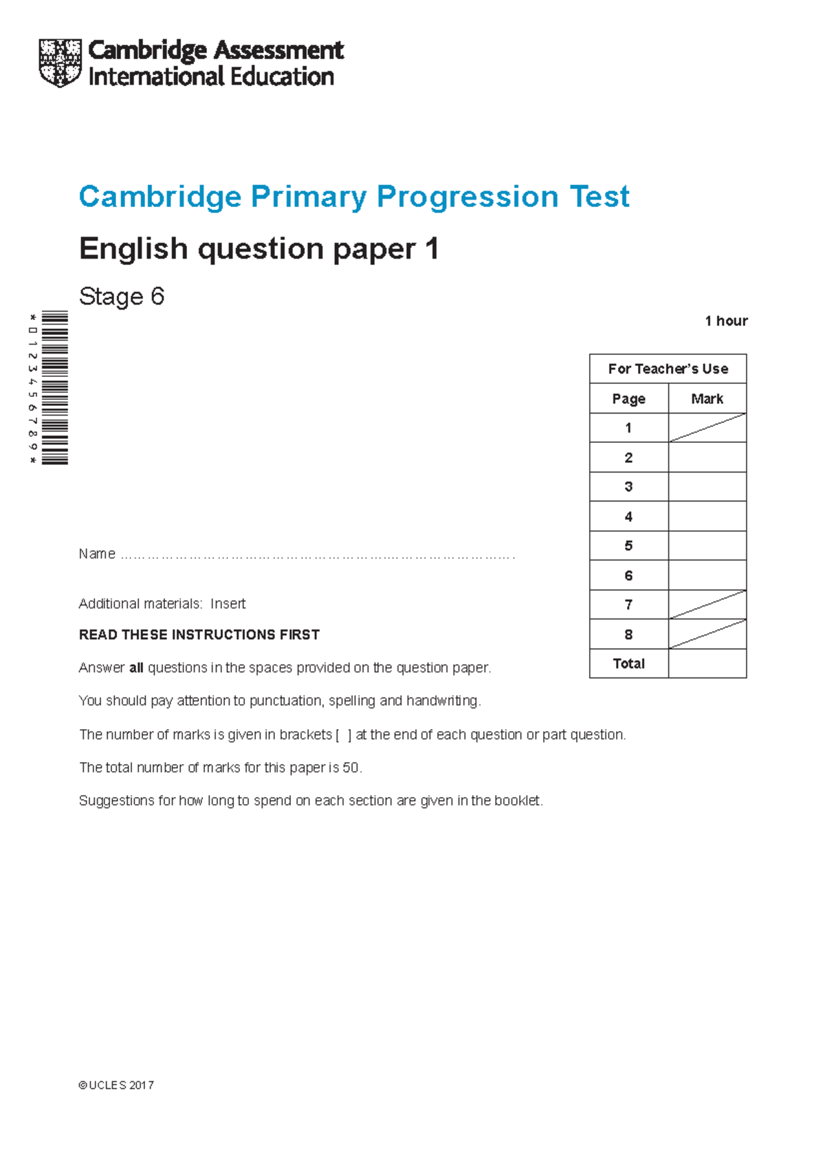 Cambridge Primary Progression Test - 0844 English Stage 6 Paper 1 (2017 ...