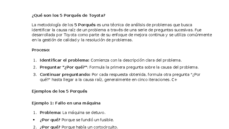 Los 5 Porqués de Toyota: Metodología y Ejemplos Prácticos - Studocu