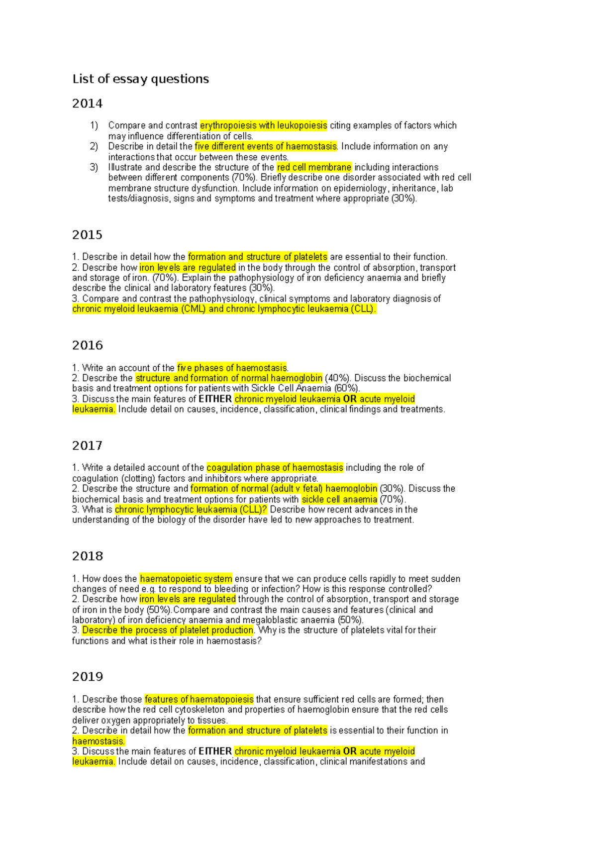 List of Essay Questions for Hematology 2014-2019 - Studocu