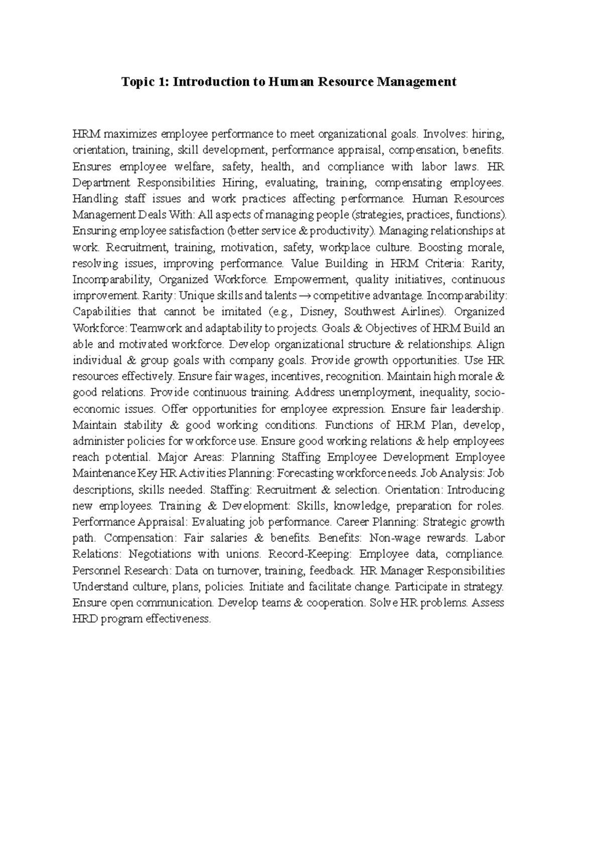HRM 101: Intro to Human Resource Management Overview - Studocu