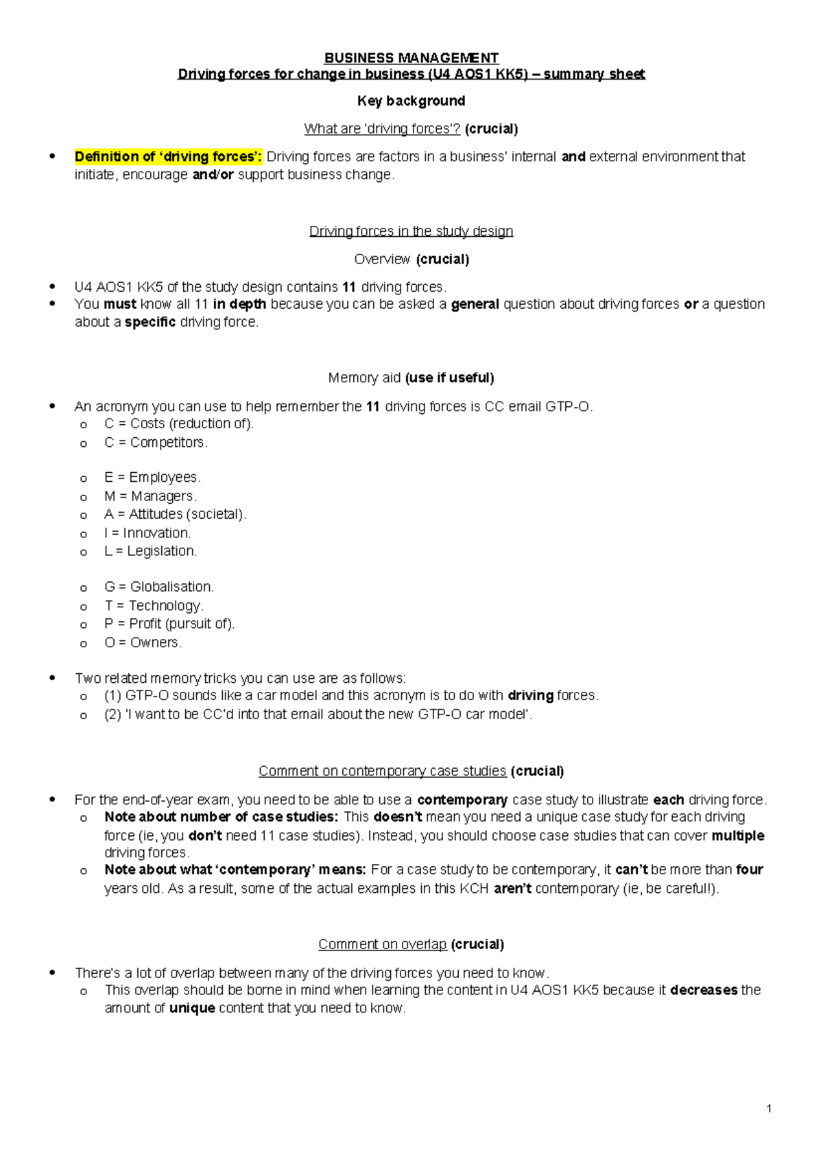 Driving Forces for Change in Business (U4 AOS1 KK5) Summary Sheet - Studocu