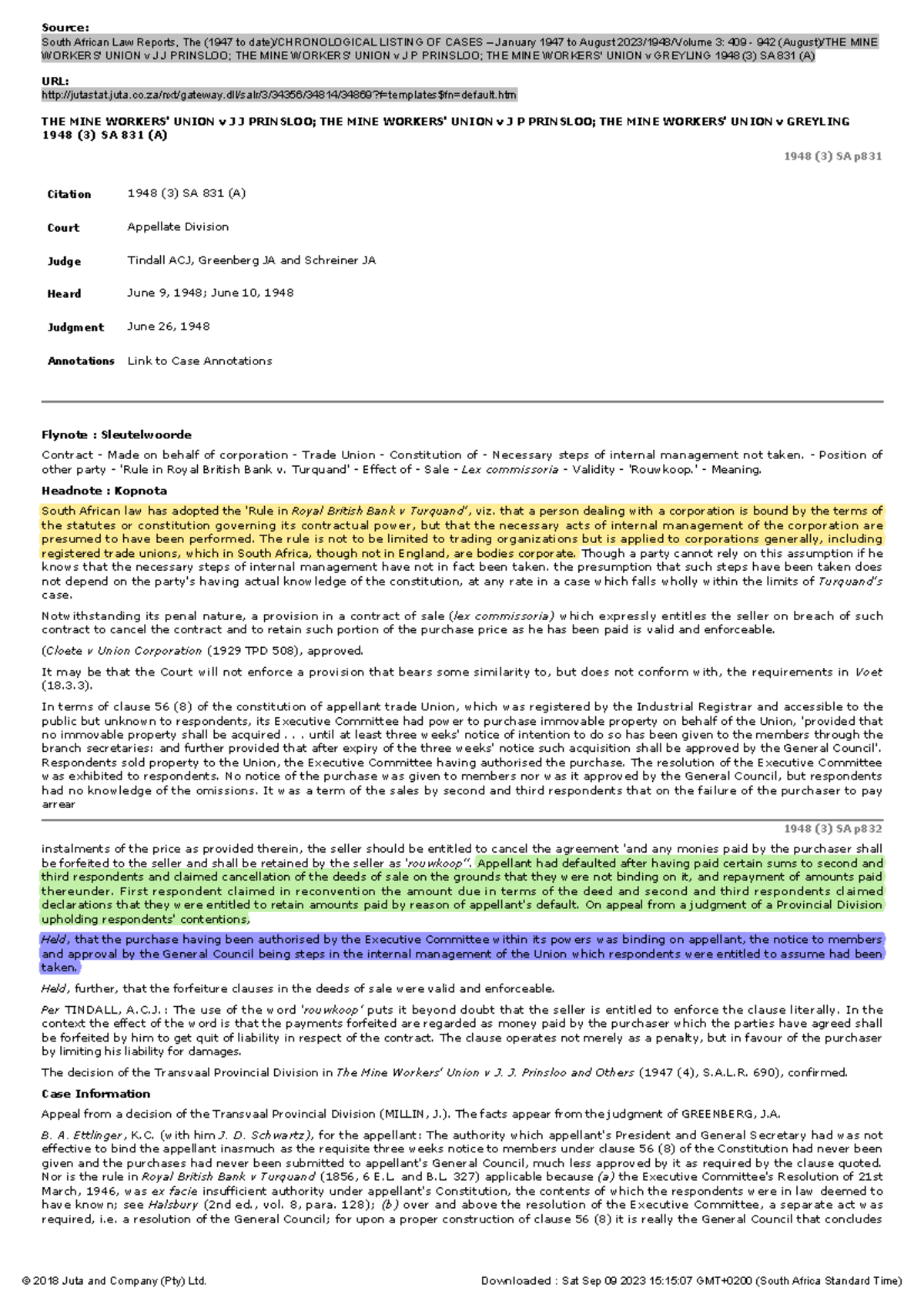 Case Study: THE MINE Workers' Union v J J Prinsloo (1948) SA 831 (A ...