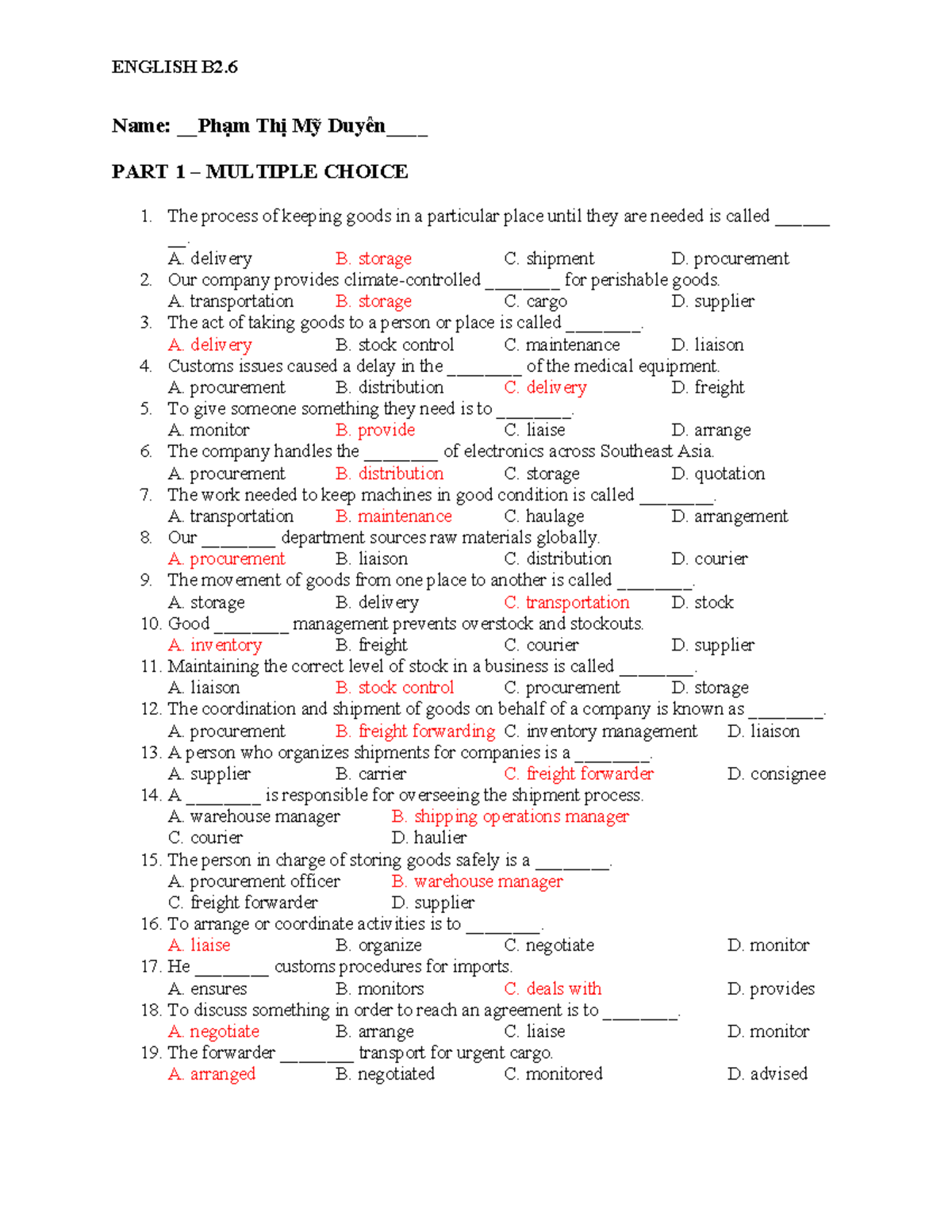 ENGLISH B2.6 UNIT 1 Logistics: Multiple Choice & Writing Tasks - Studocu