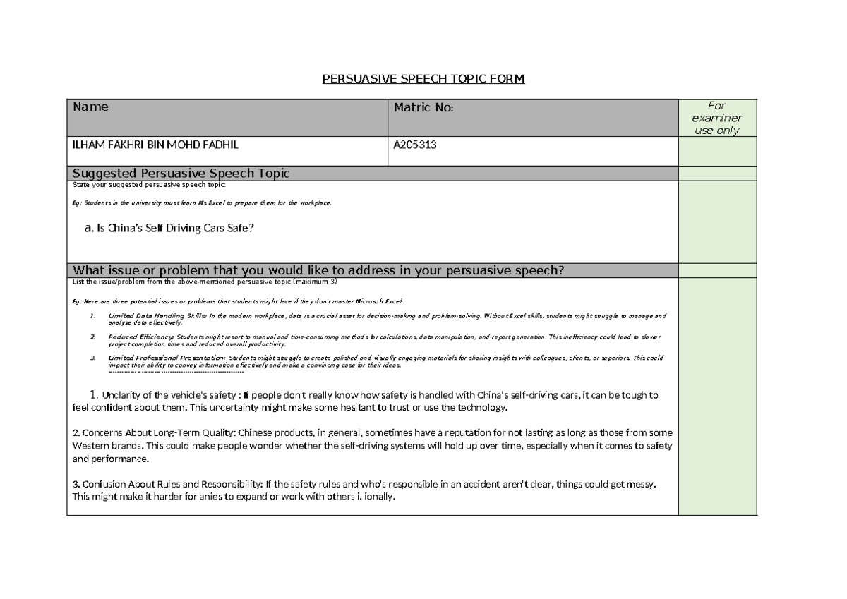Persuasive Speech Topic Form: Safety of Self-Driving Cars (A205313 ...