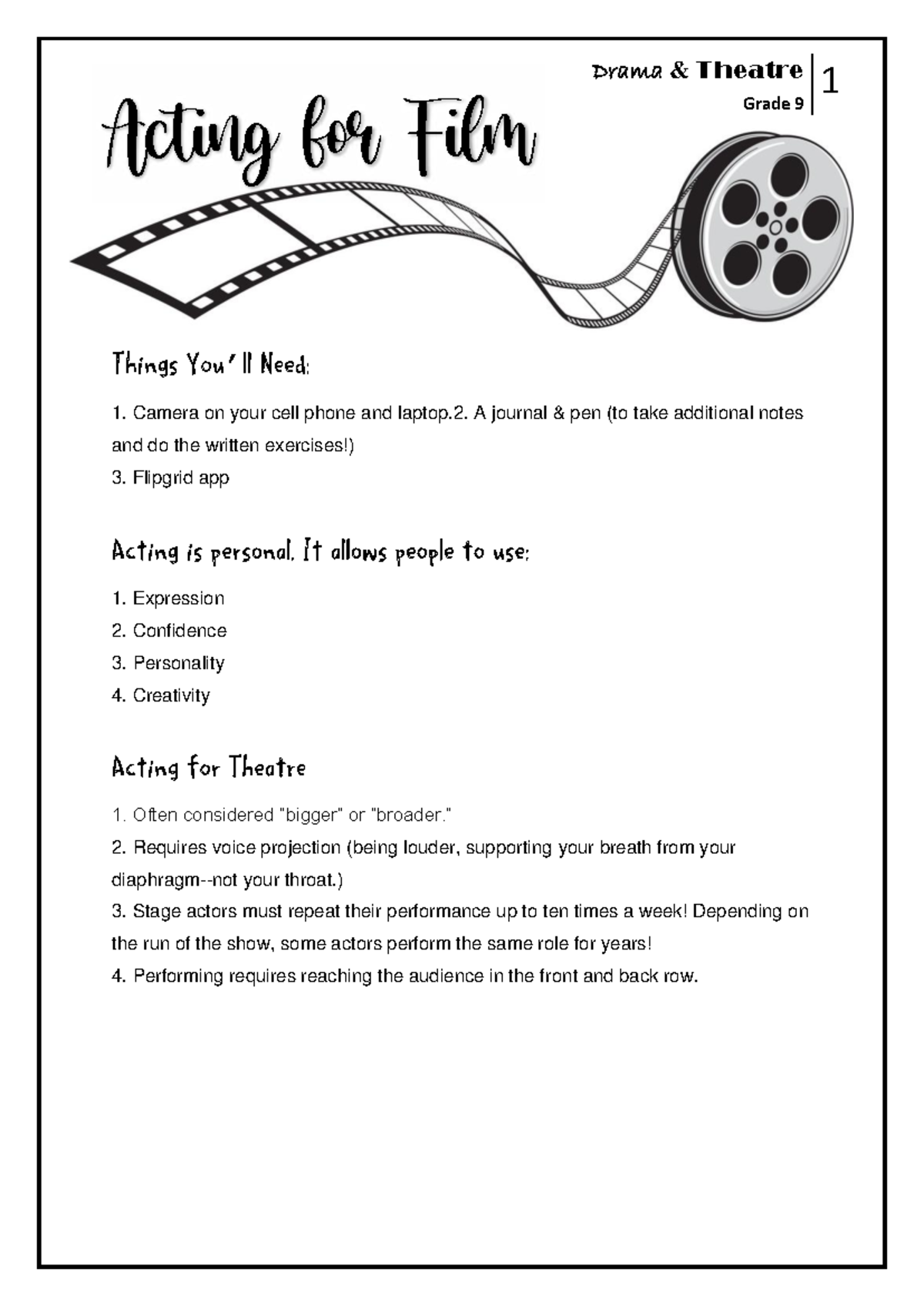 Drama & Theatre Techniques for Grade 9: Performance Skills & Objectives ...