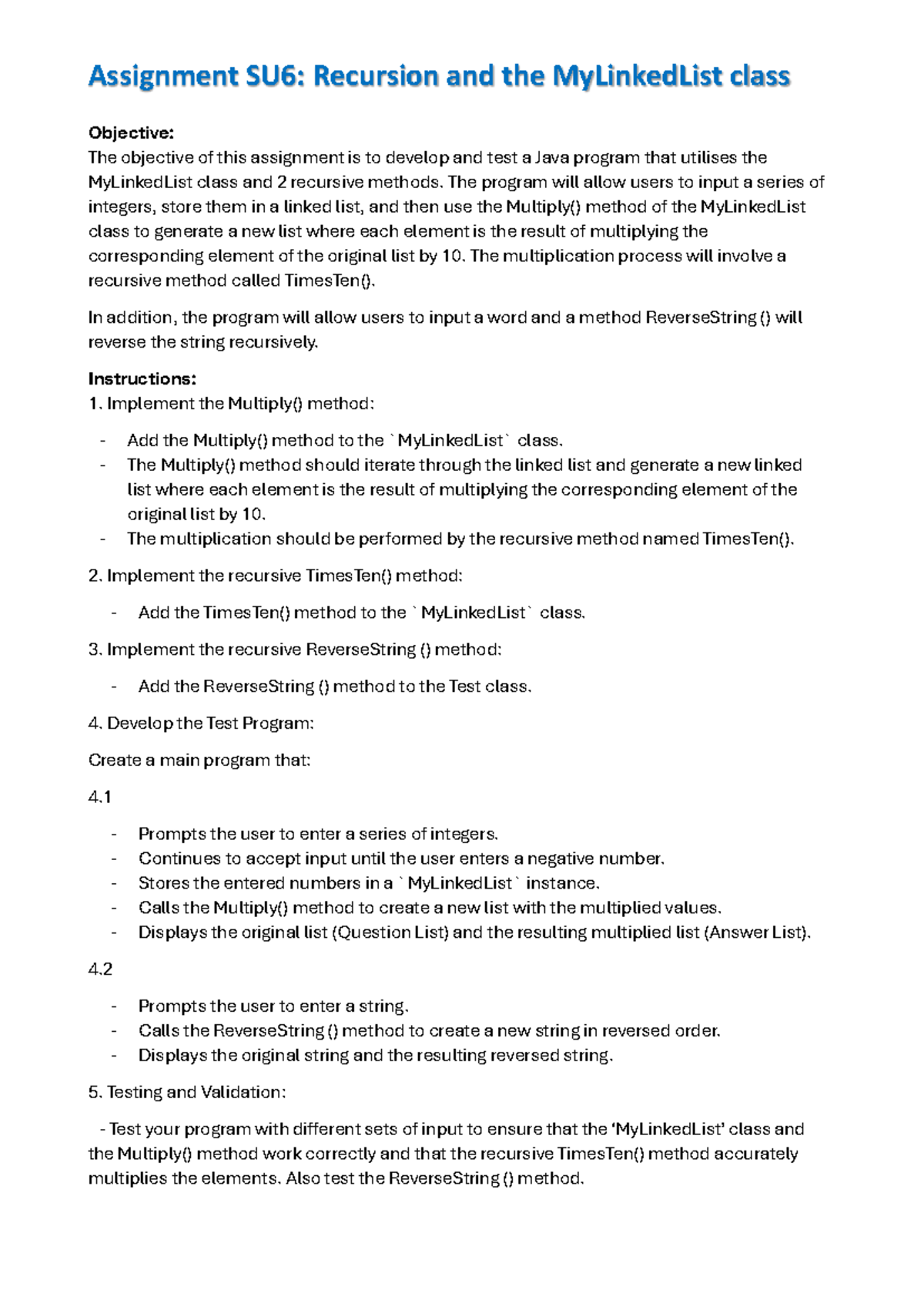 Assignment SU6: Recursion & MyLinkedList Class Instructions 2025 - Studocu