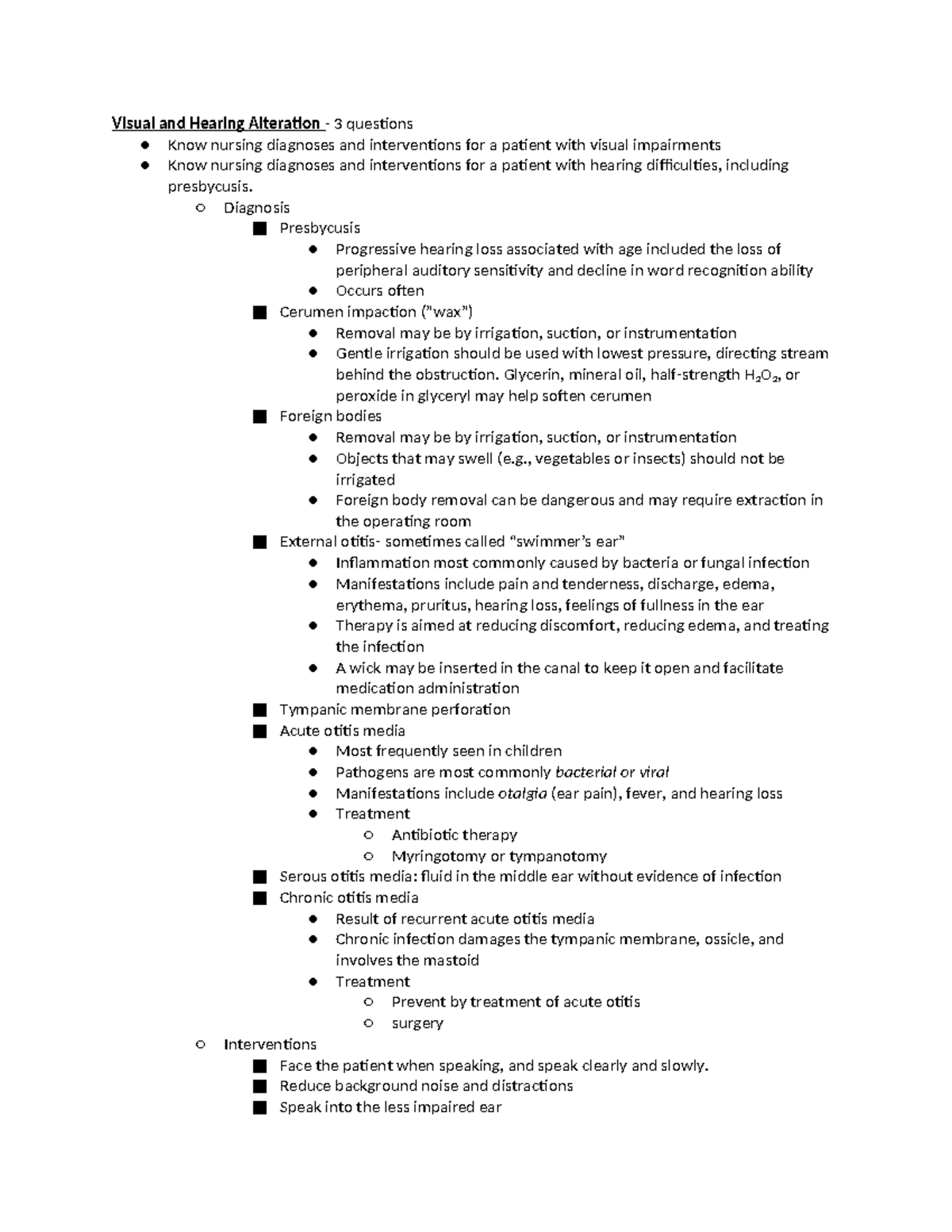 Nur 330 Exam 2 Study Guide - Visual and Hearing Alteration - 3 ...