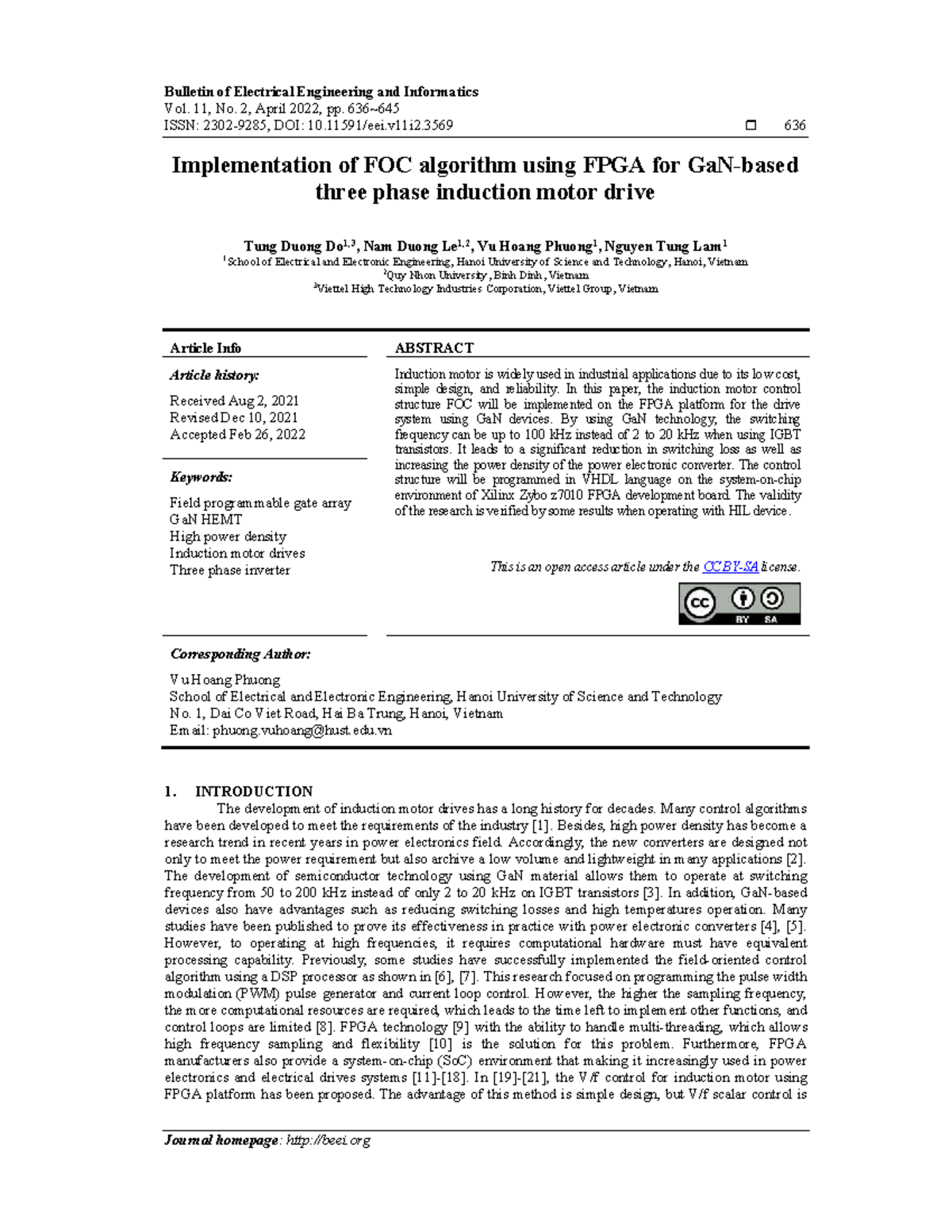 Implementation of FOC Algorithm on FPGA for GaN-Based 3-Phase Motor ...