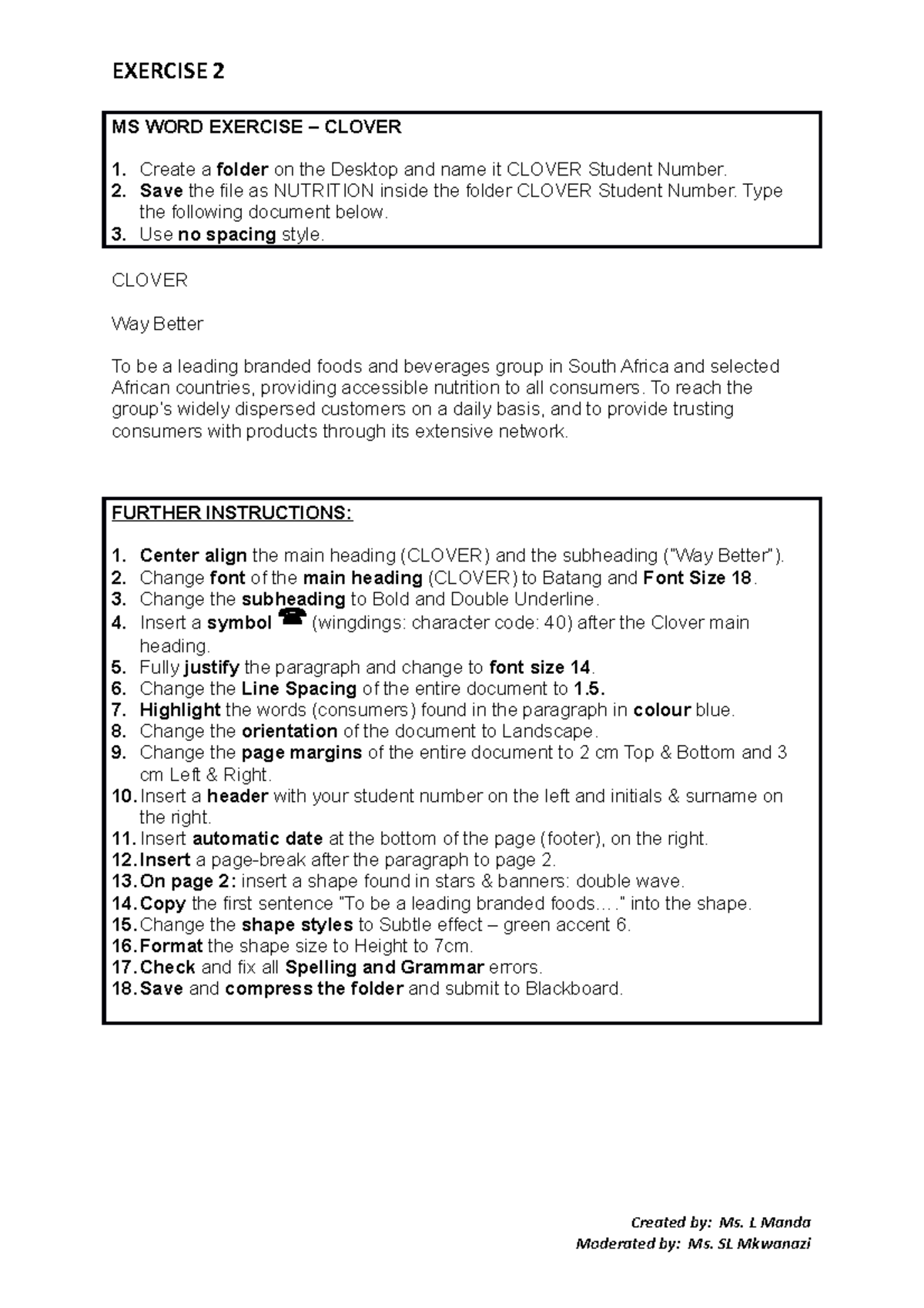 CLOVER Exercise 2 - MS Word Formatting for ICT Skills I - Studocu