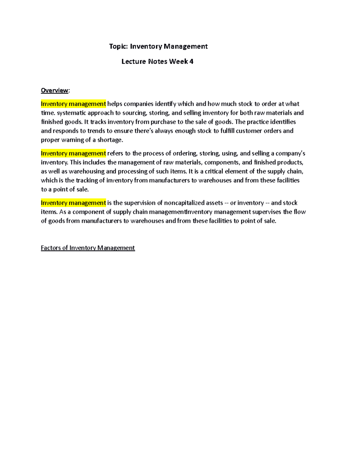 Inventory Management Lecture Notes - Week 4 Overview - Studocu