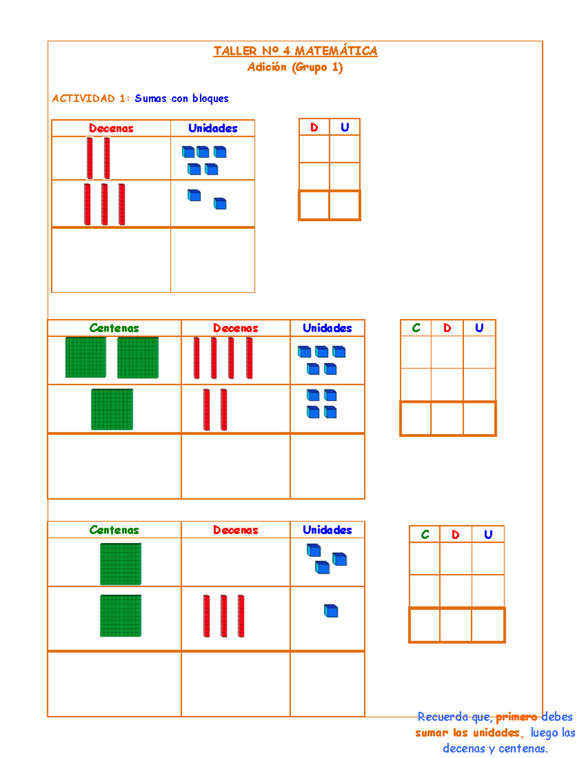 Taller Nº 4 MatemáTICA - TALLER Nº 4 MATEMÁTICA Adición (Grupo 1 ...