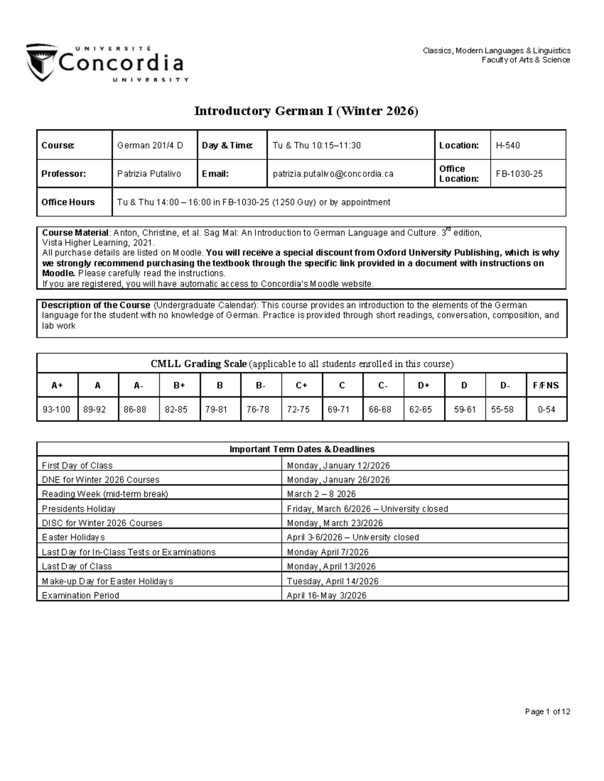 German D 201 Course Outline: Introductory German I (Winter 2026) - Studocu