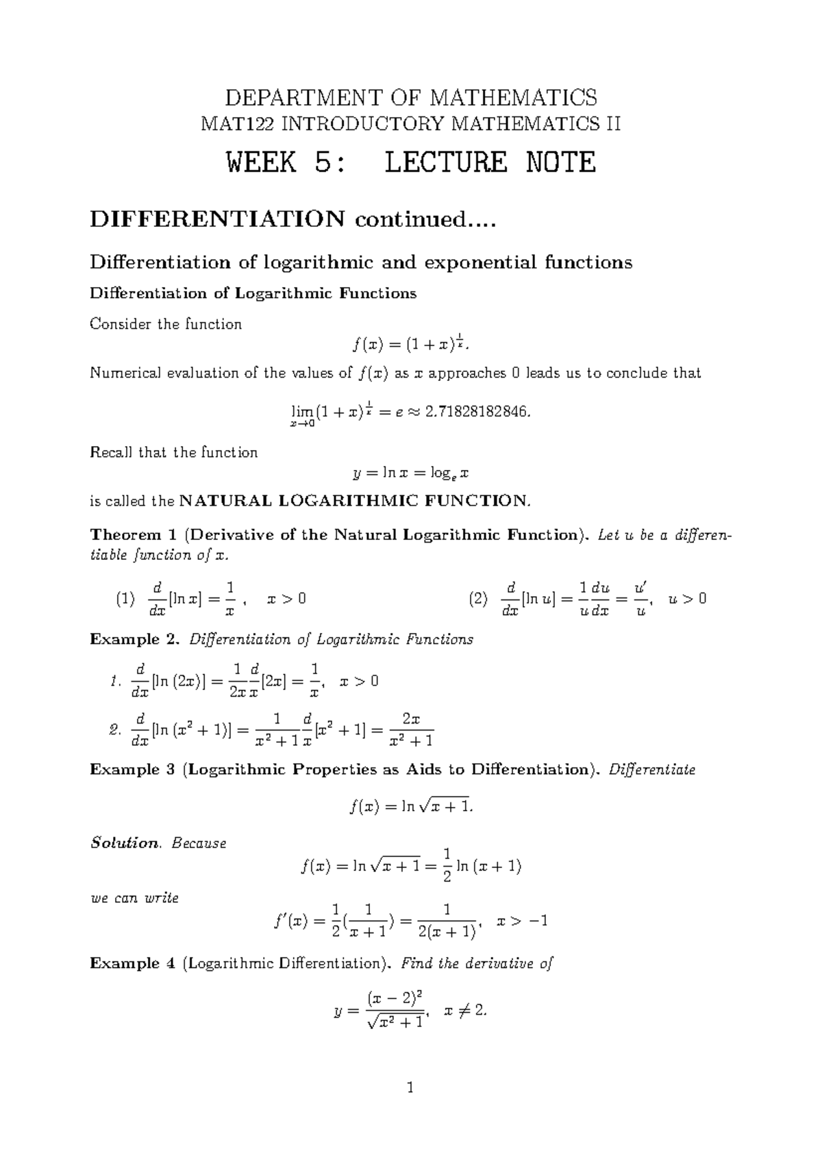 MAT122 Week 5 Lecture Notes: Differentiation of Logarithmic ...