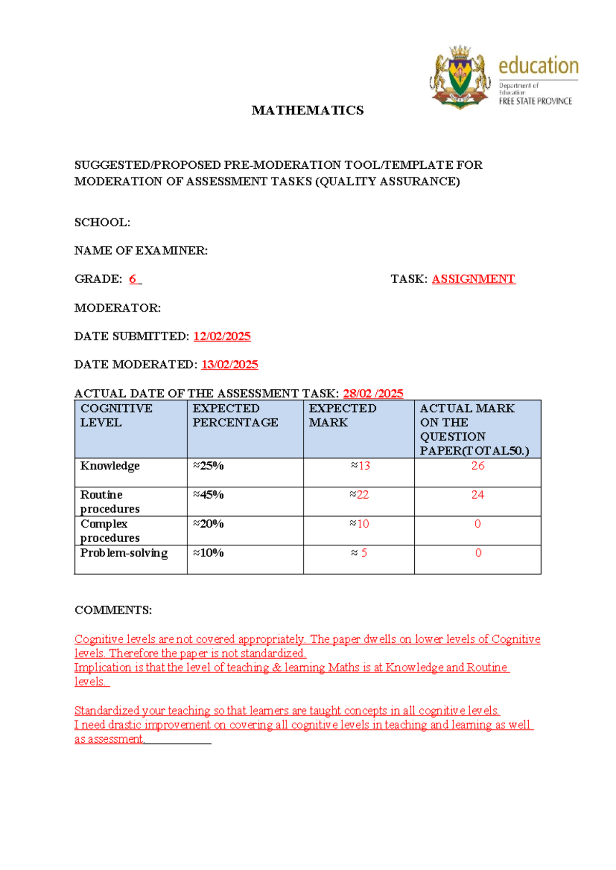 PRE Moderation Tool 2025: Assessment Task Quality Assurance Review ...