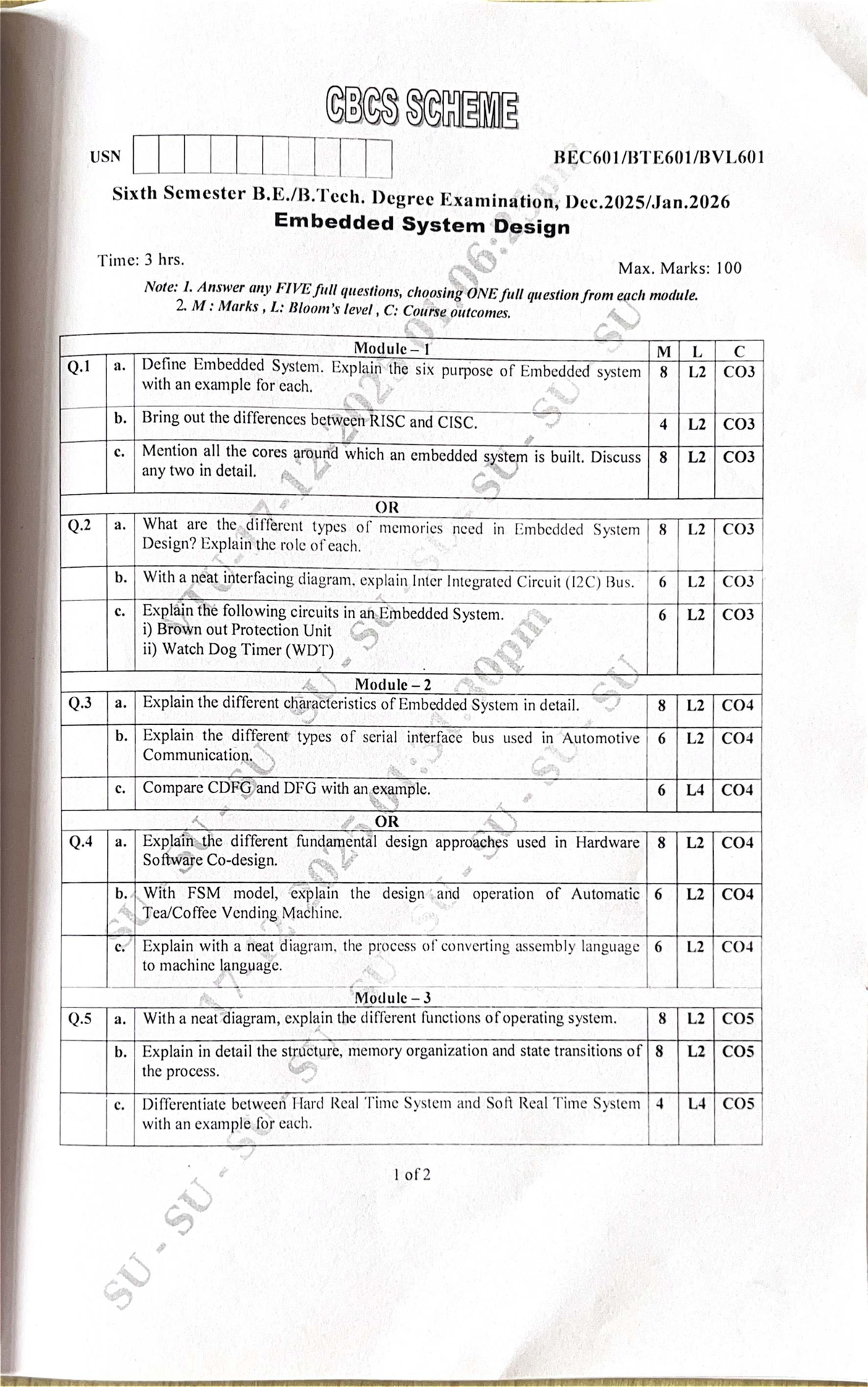 Embedded System Design - CBCS SCHEME USN Sixth Semester Exam - Studocu