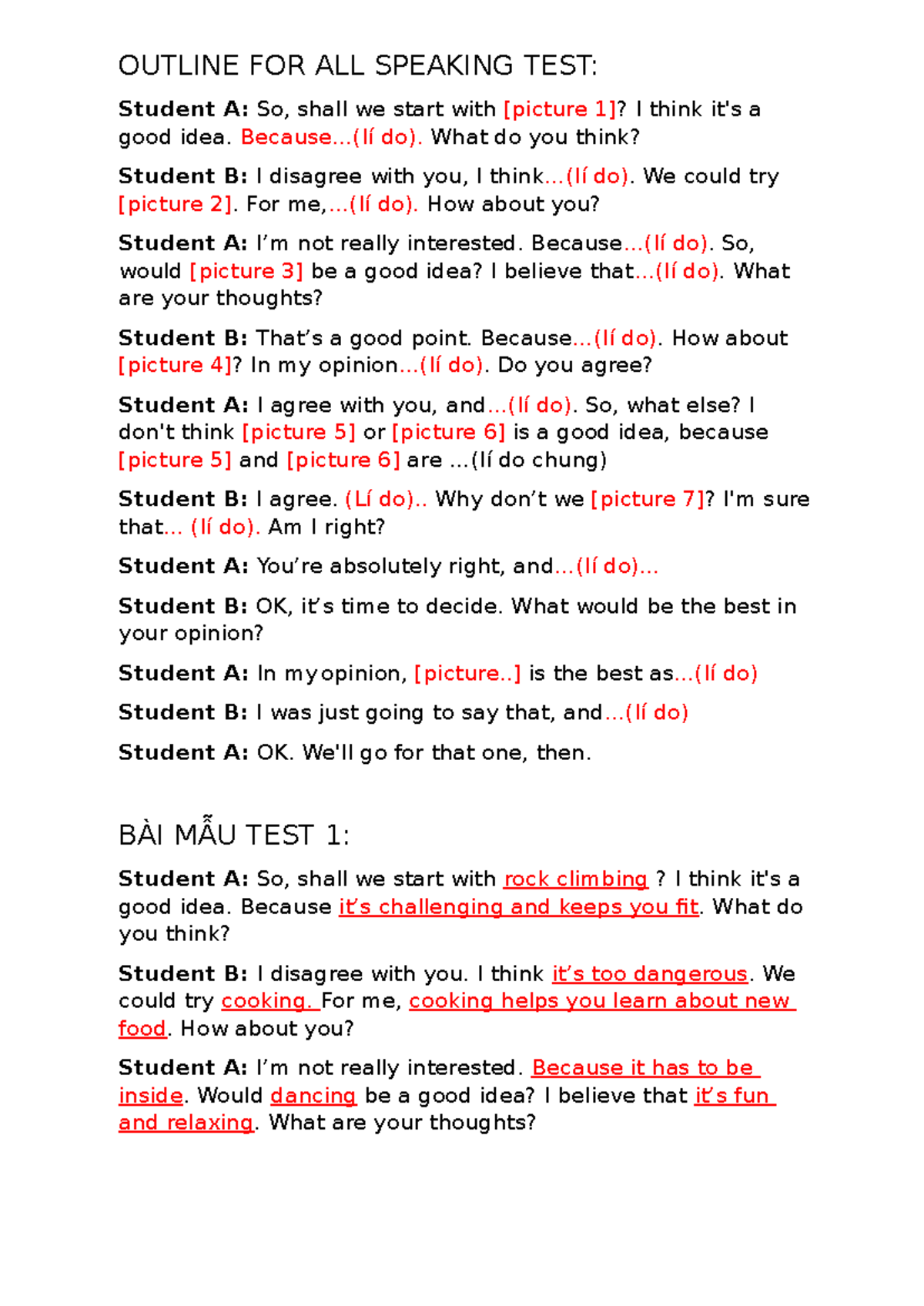 Outline FOR ALL Speaking TEST - OUTLINE FOR ALL SPEAKING TEST: Student ...