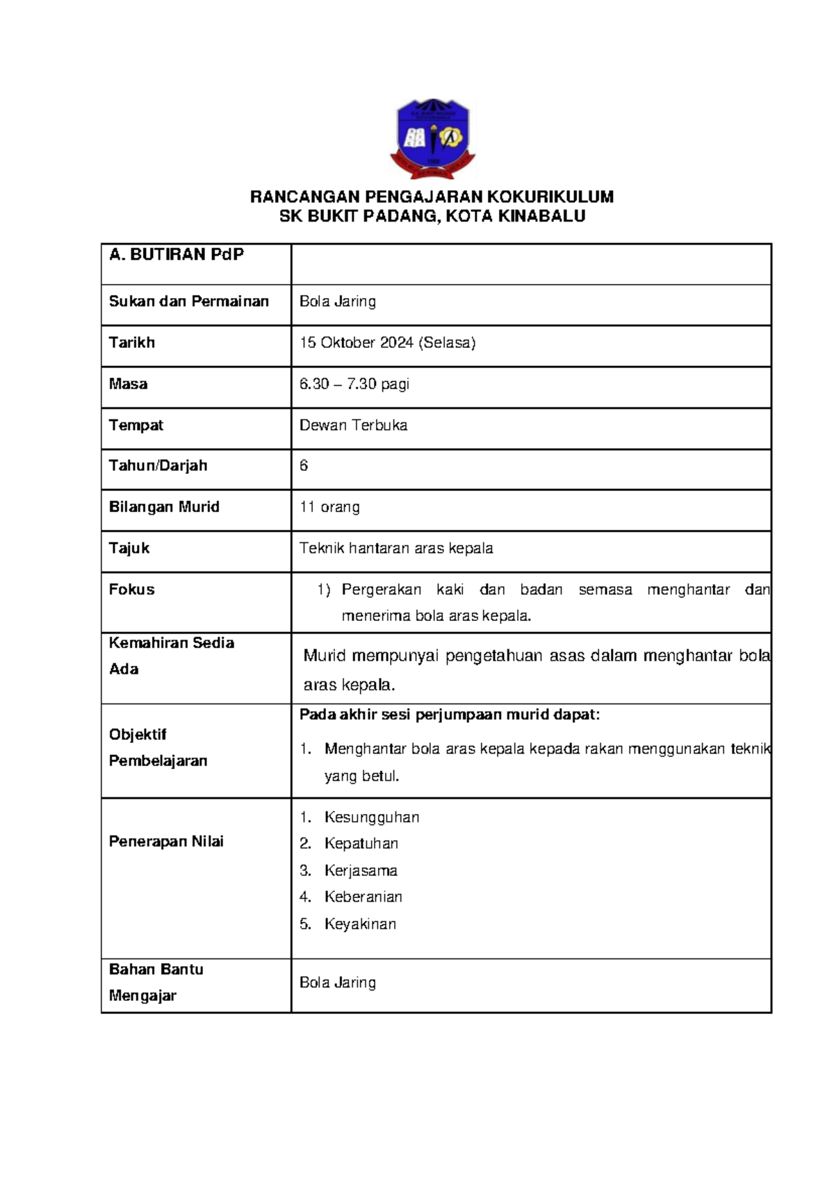 RPH 6 - Rancang Pengajaran Sukan dan Permainan Bola Jaring - Studocu