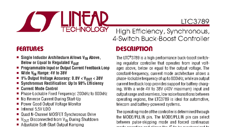 LTC3789 Synchronous Controller Features & Applications Overview - Studocu