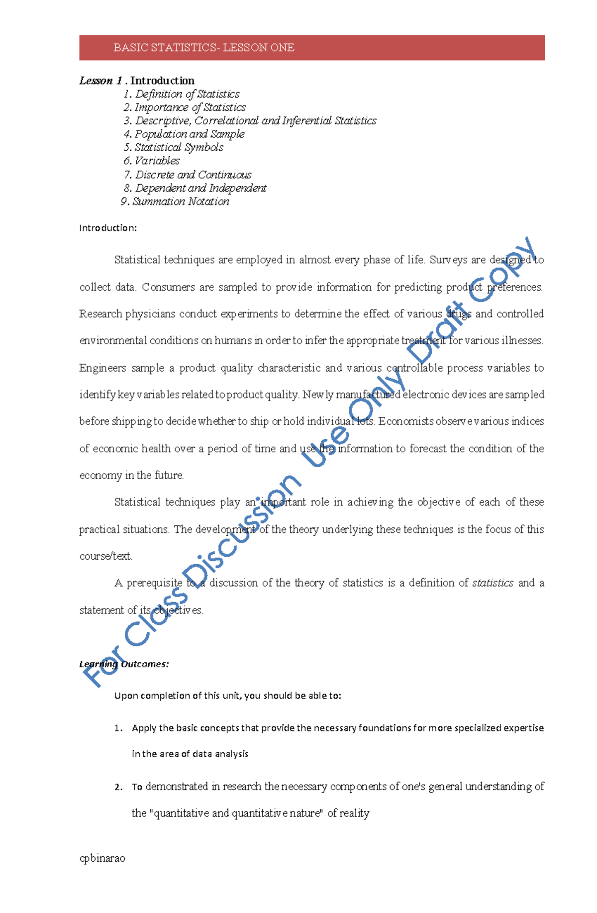 BASIC STATS 101: Lesson 1 - Introduction to Statistics Concepts - Studocu