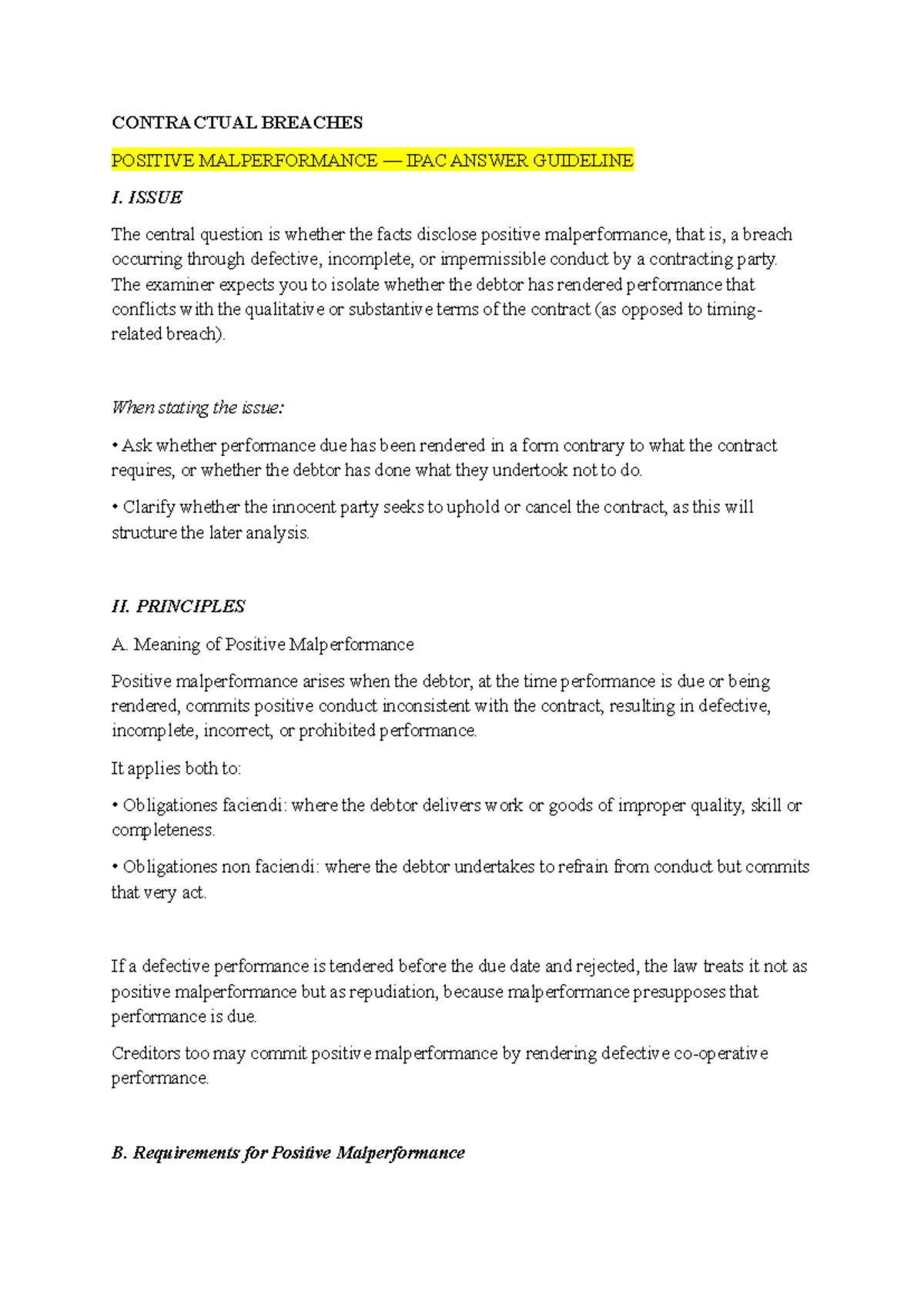 CONTRACTUAL BREACHES: MORA DEBITORIS & PREVENTION OF PERFORMANCE IPAC ...