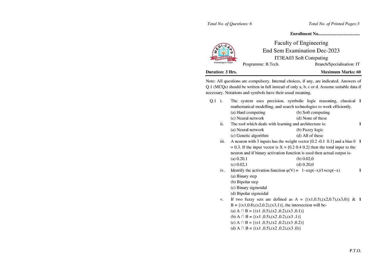 IT3EA03 Soft Computing End Sem Exam Question Paper - Studocu