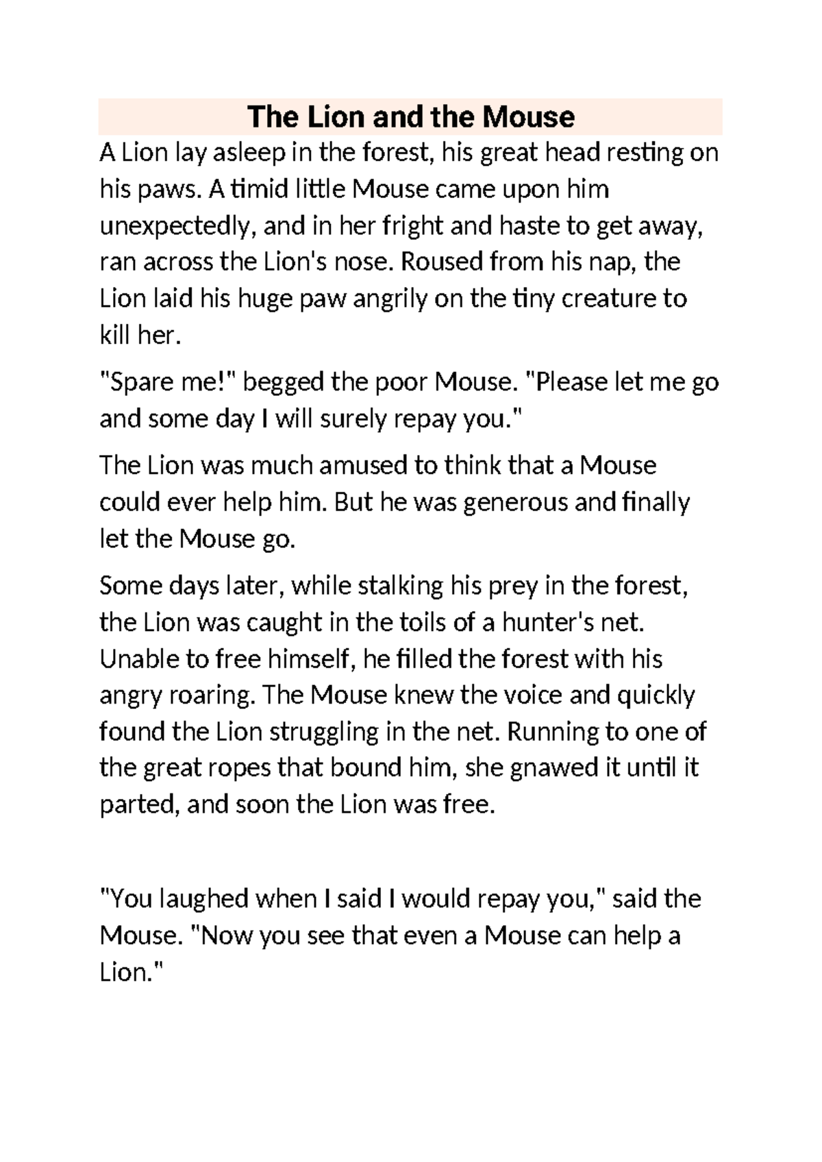 The Lion and the Mouse: A Fable of Friendship and Strength - Studocu