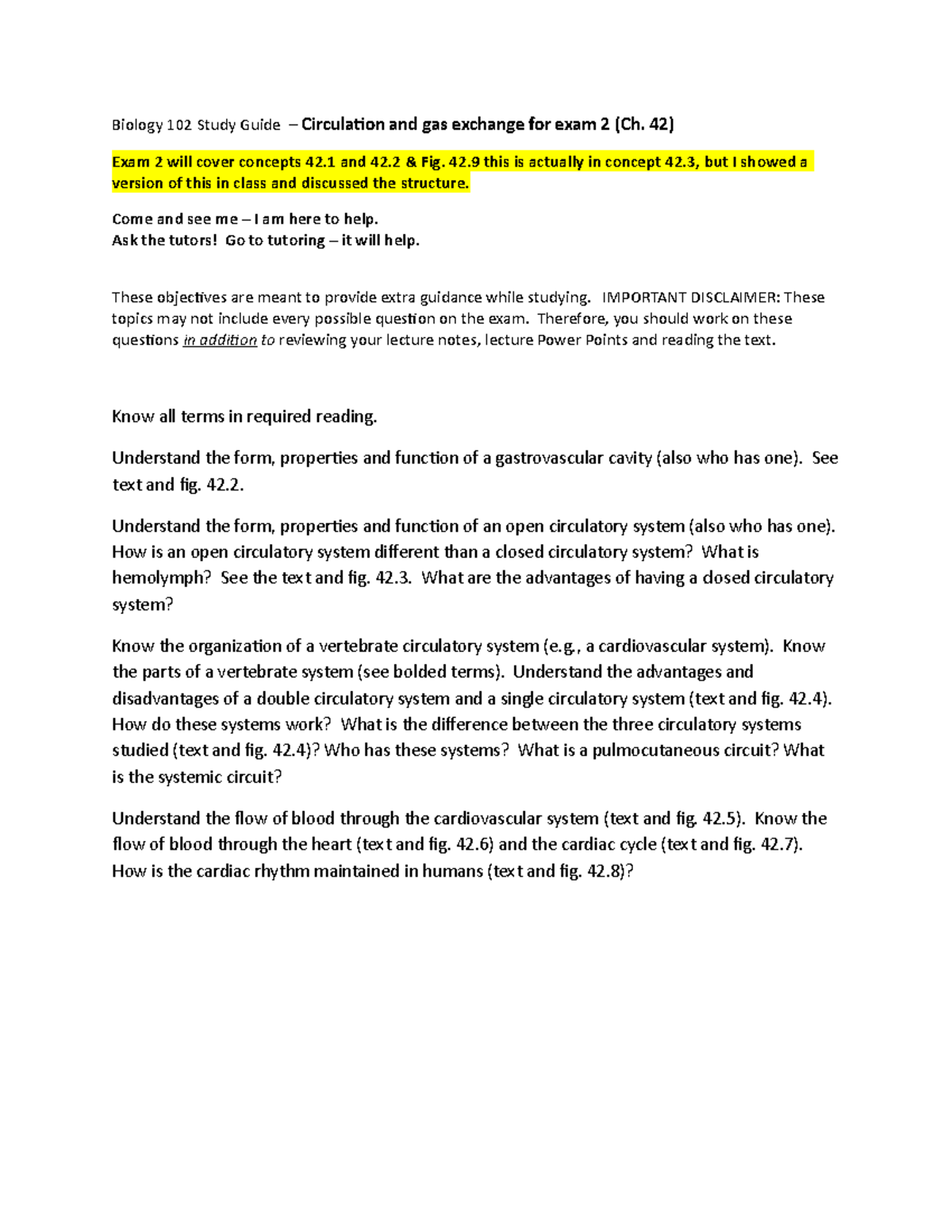 Chapter 42 Outline Gen Bio ll - Biology 102 Study Guide Circulation and ...